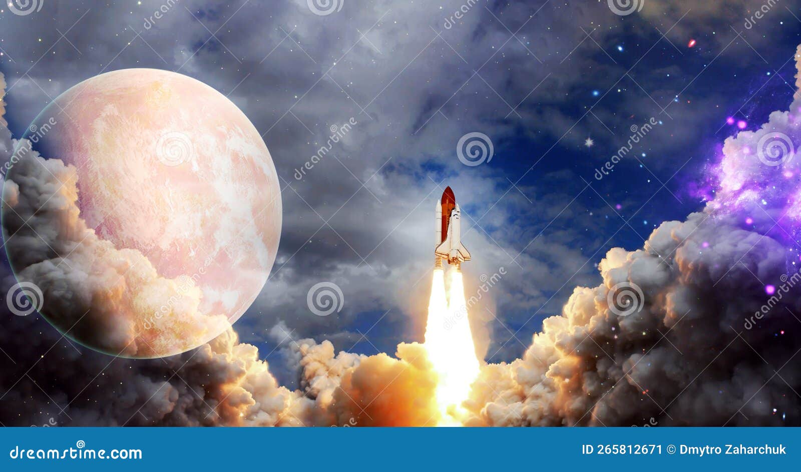 Rockets Launch into Space on the Starry Sky. Spacecraft Flies into ...