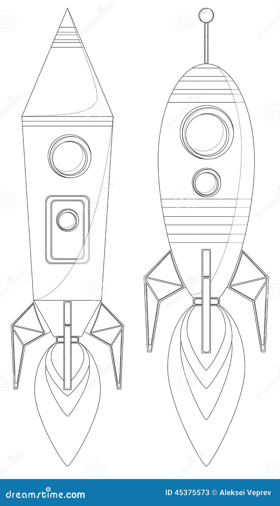 Rockets with Porthole and Flames from the Engine, Stock Vector ...