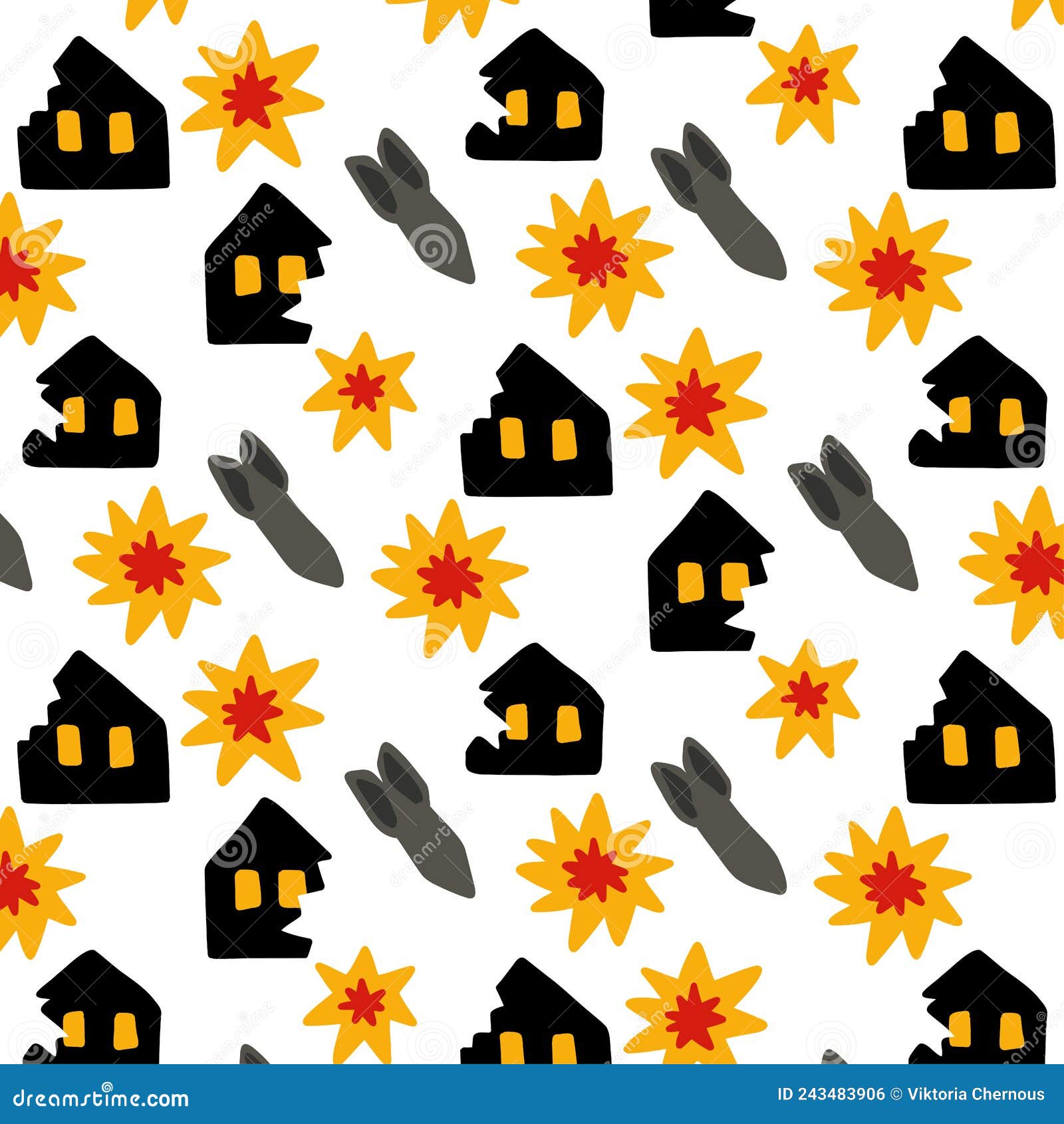 Rockets and Ruined House from Explosion Seamless Doodle Pattern, Vector ...