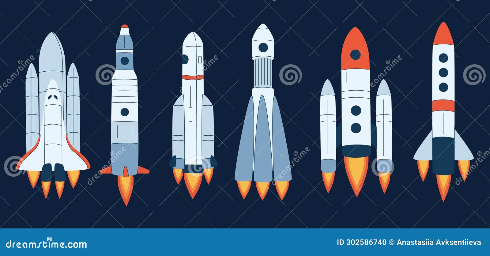 Rockets and Spaceships Flat Vector Illustrations Set. Space Shuttles ...
