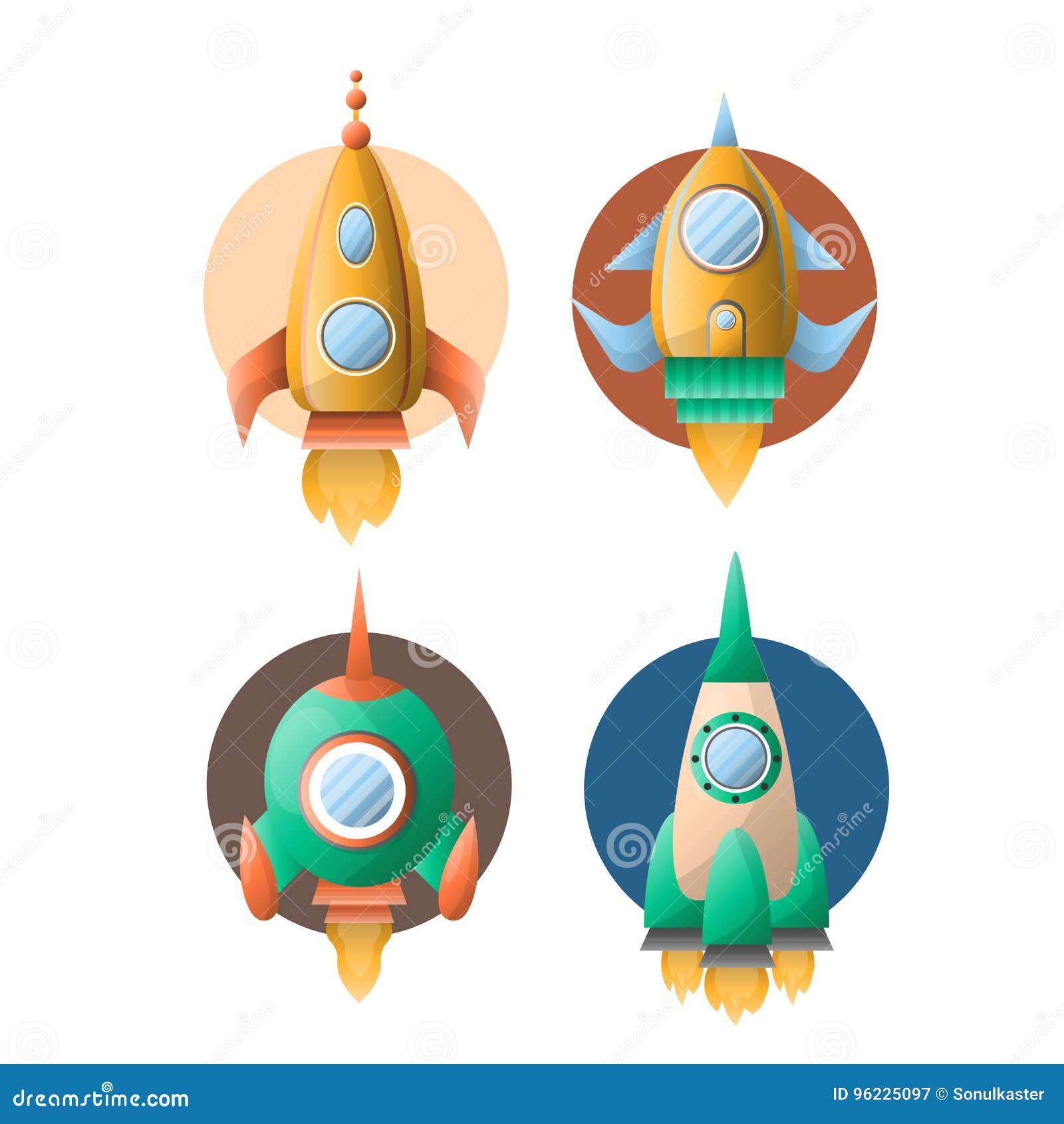 Rockets or Spaceships Retro Cartoon Vector Flat Icons Stock Vector ...