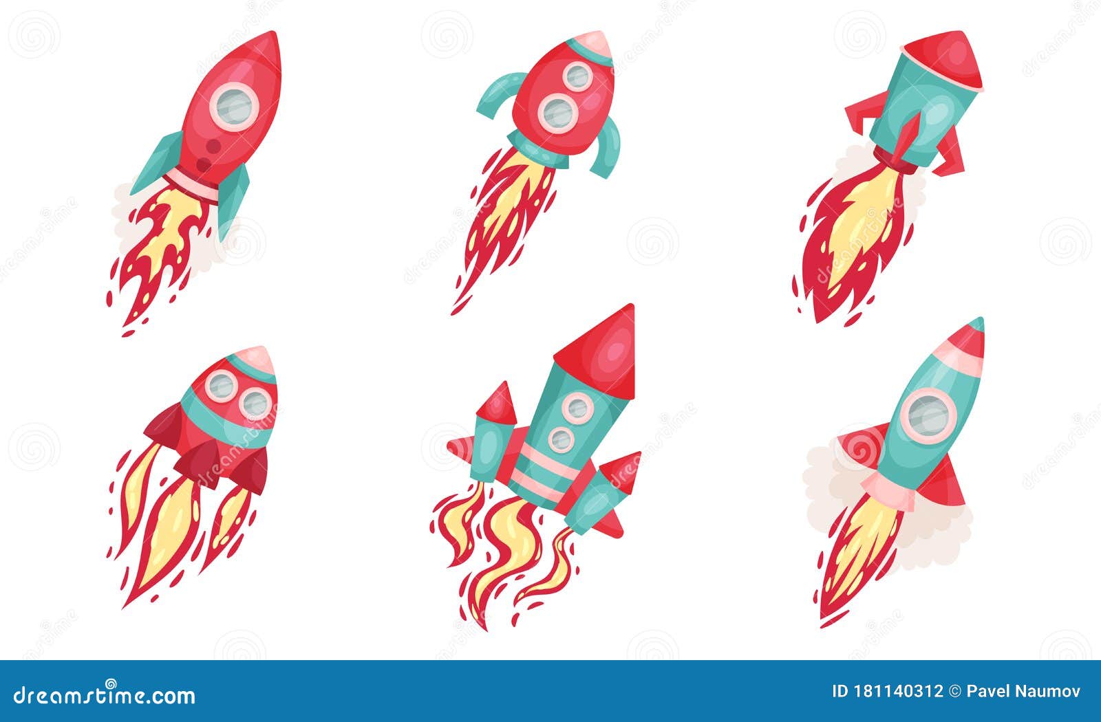 Rockets Speeding in Space with Flames from Exhaust Opening Vector Set ...