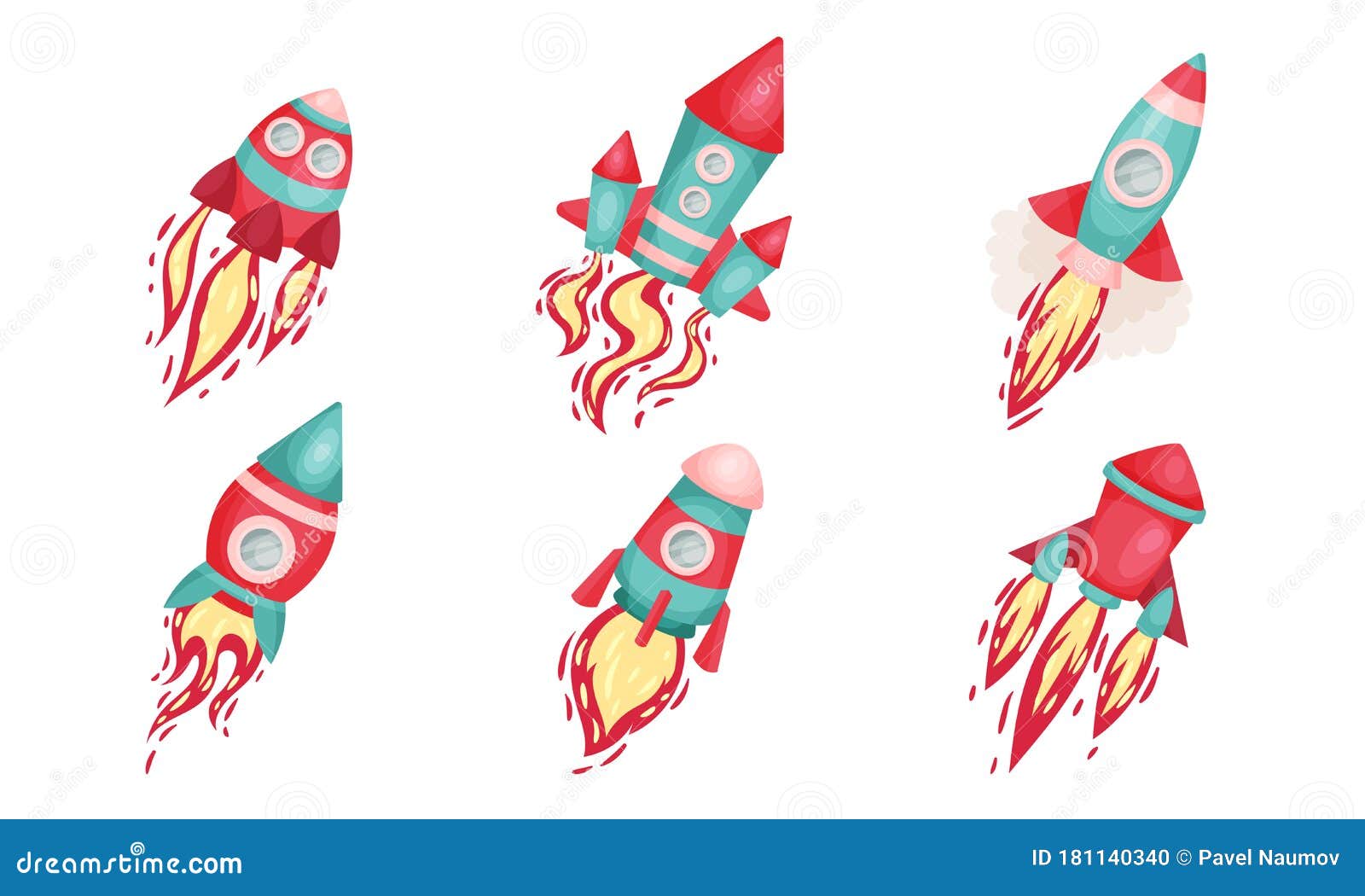 Rockets Speeding in Space with Flames from Exhaust Opening Vector Set ...