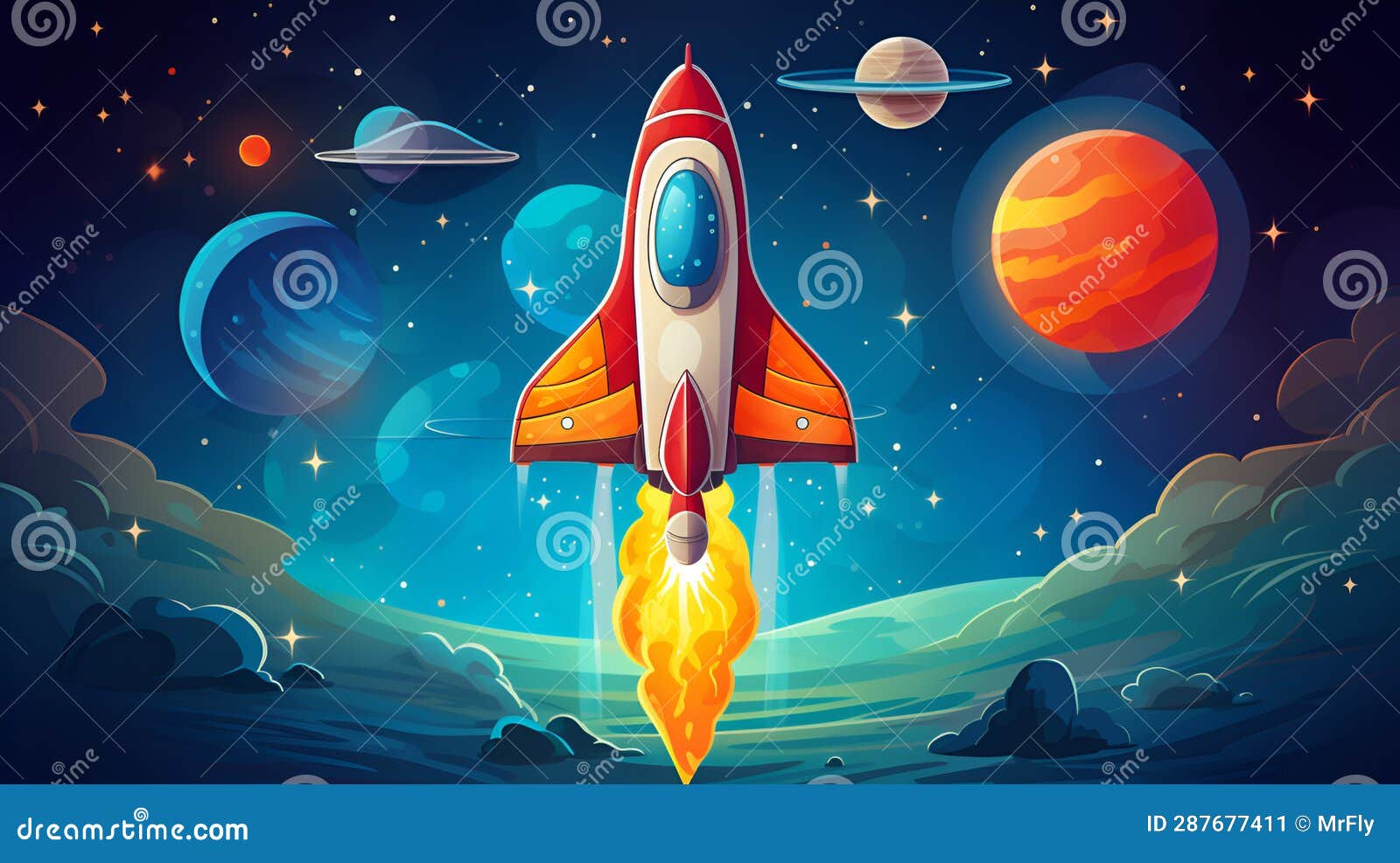 Rocketship Flying In Space, Illustration | CartoonDealer.com #287677413