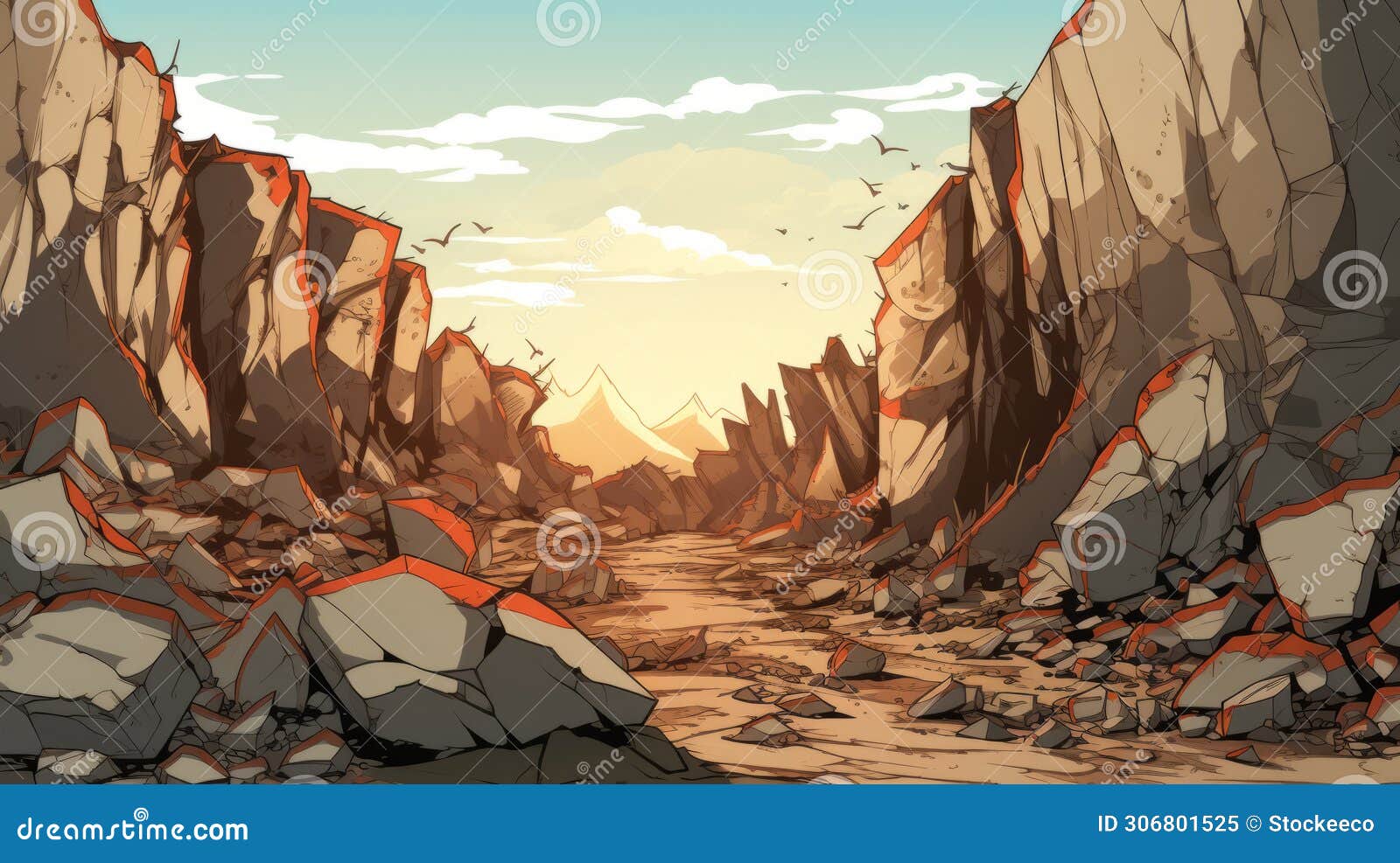 Rockfall: a Stunning Comic Image of a Canyon with Rocks and Sun Stock ...