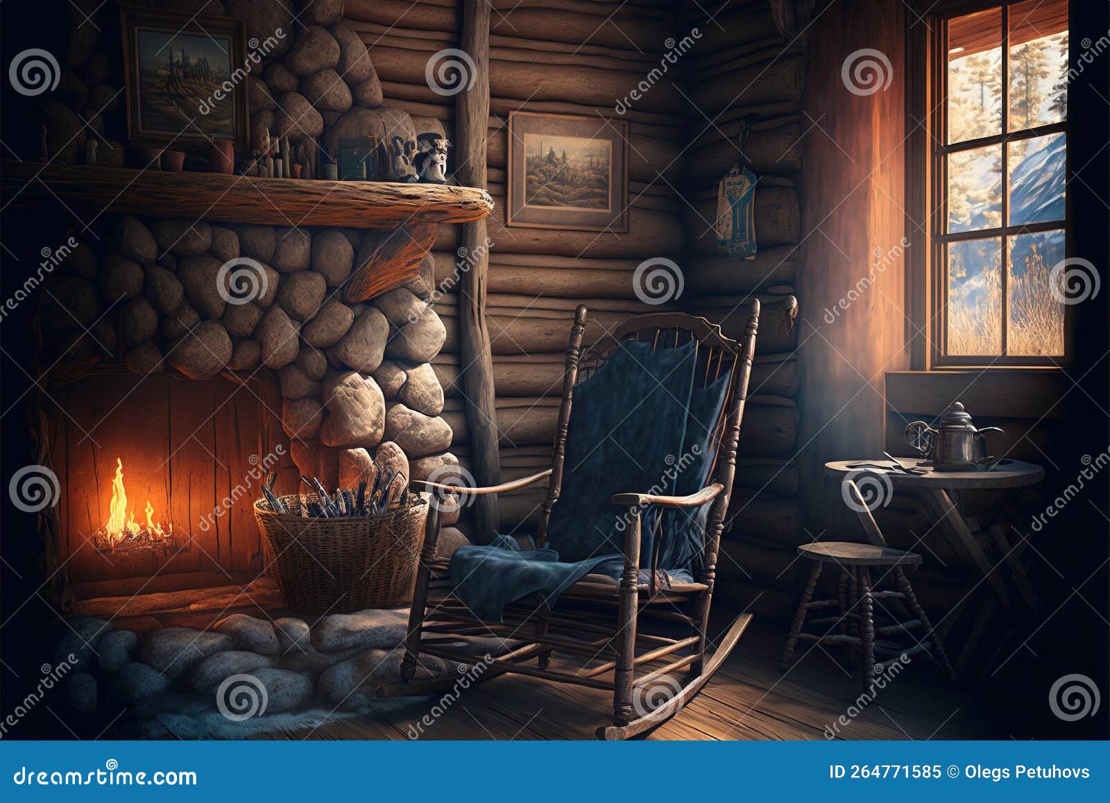 A Rocking Chair in a Rustic Cabin with a Fire Place and a Table with a ...