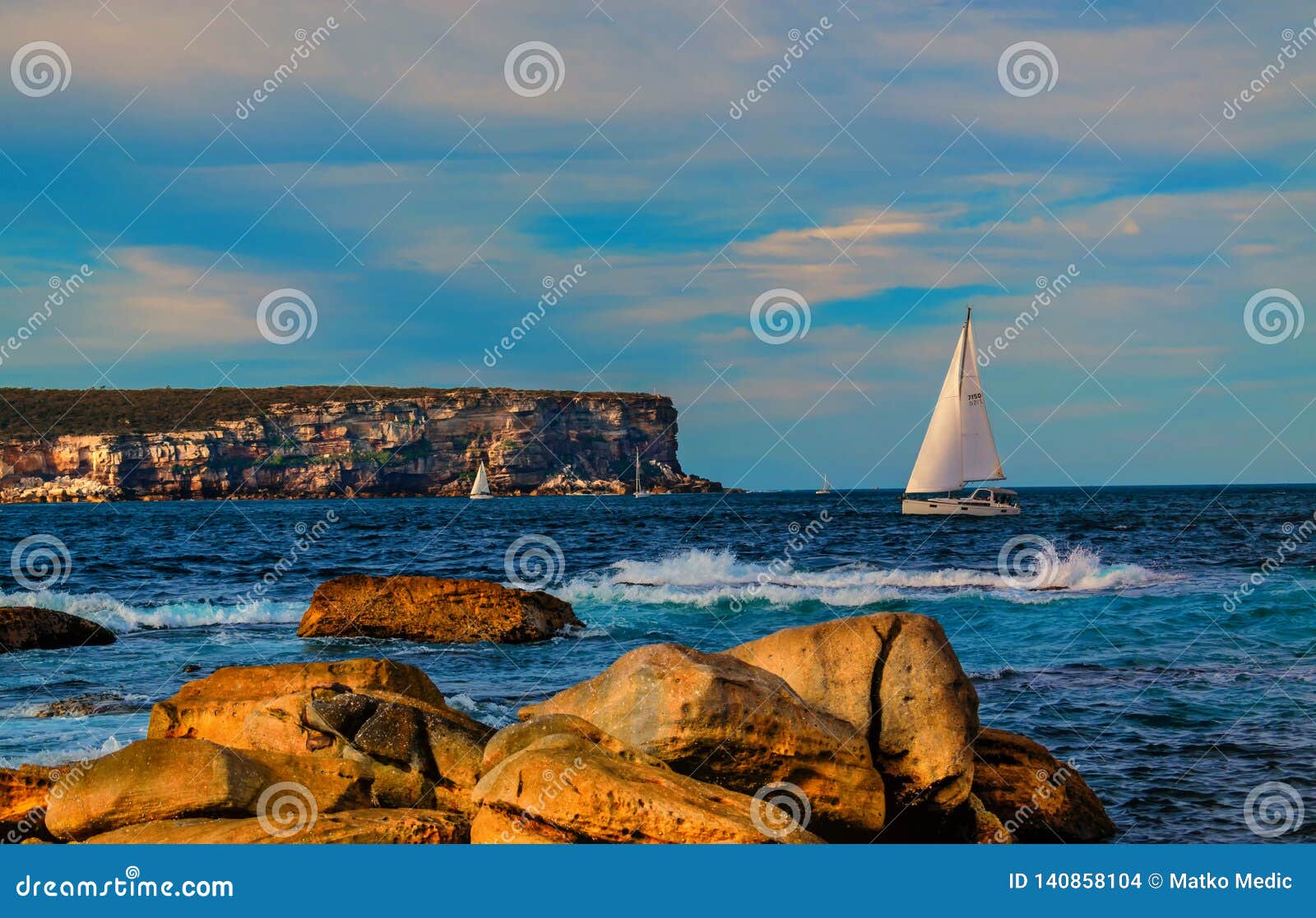 Rocks, Cliffs, Sailing Boats and Ocean Stock Photo - Image of blue ...