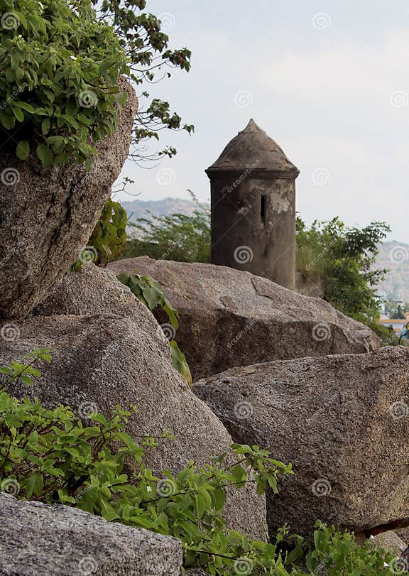 Rocks with corner tower stock image. Image of rocks, brick - 64060429