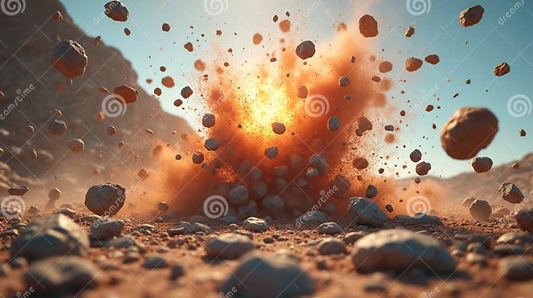 Rocks and Debris Exploding in a Dynamic Impact in a Desert Landscape ...