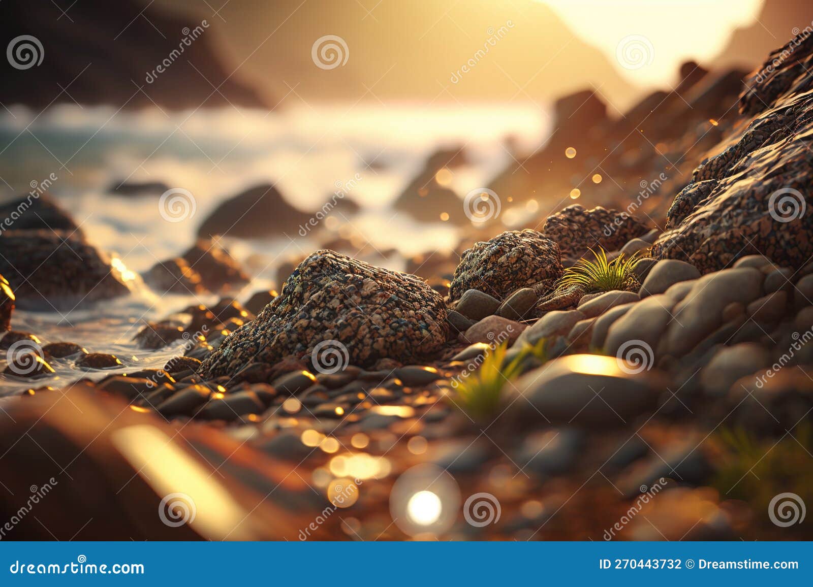 Rocks and Grass on the Shore of the Ocean at Sunset. Stock Illustration ...