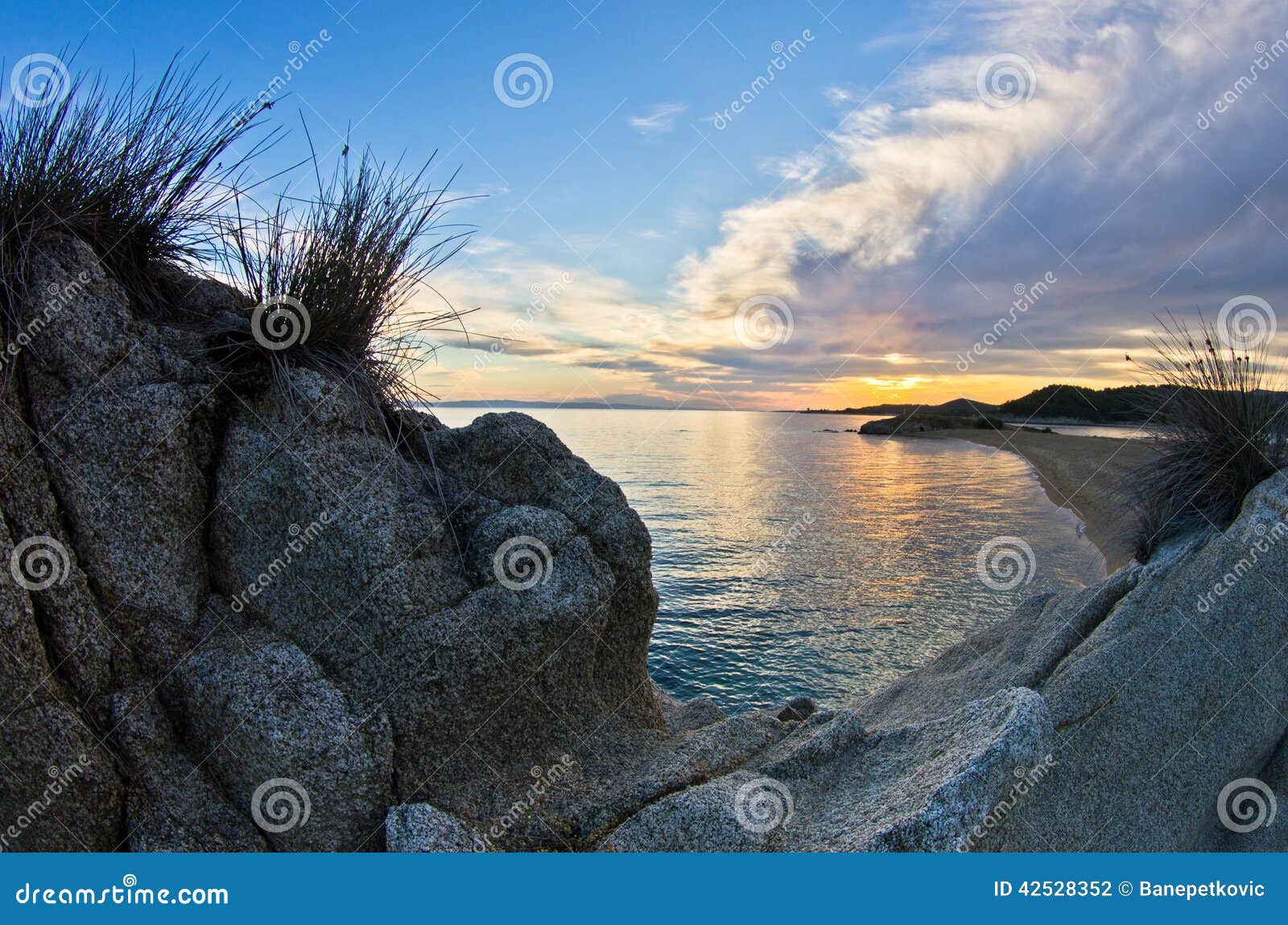 Rocks, Sand, Sea and a Beach with a Small Cave at Sunset, Sithonia ...