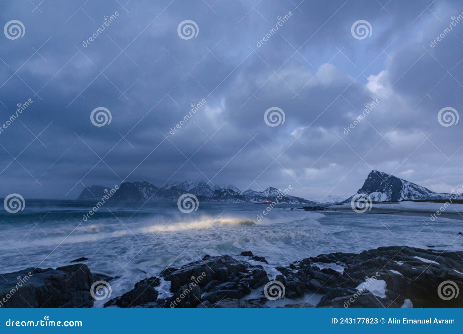 Rocks, Waves and Mountains on Rainy Day Stock Image - Image of wind ...