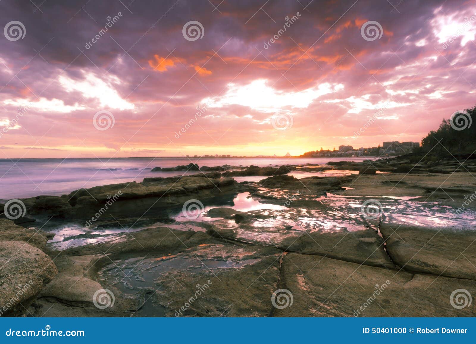 Rocks and Waves at Kings Beach, QLD. Stock Photo - Image of landscape ...