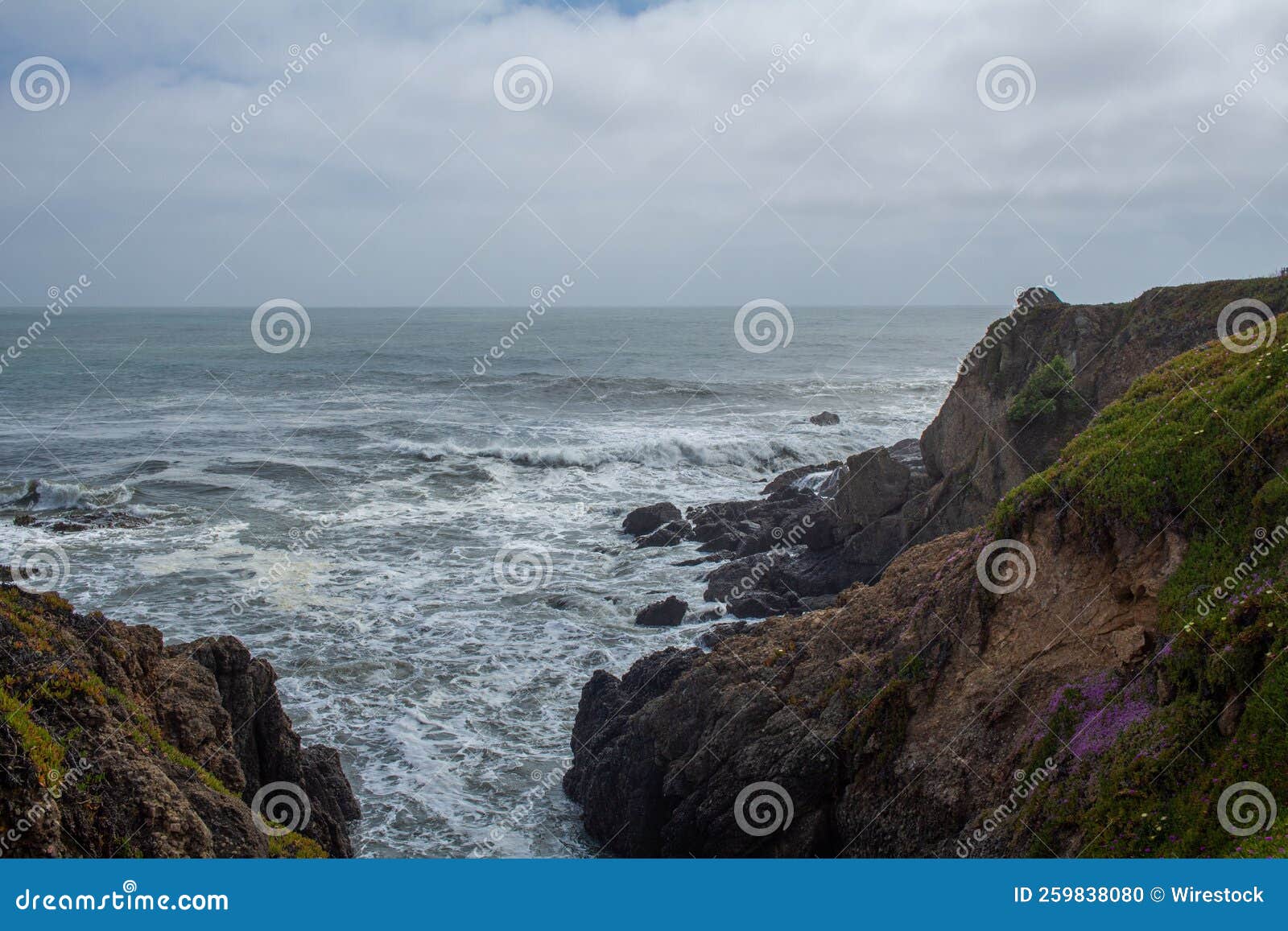 Rocky Bay with Splashing Sea Waves Stock Photo - Image of green ...