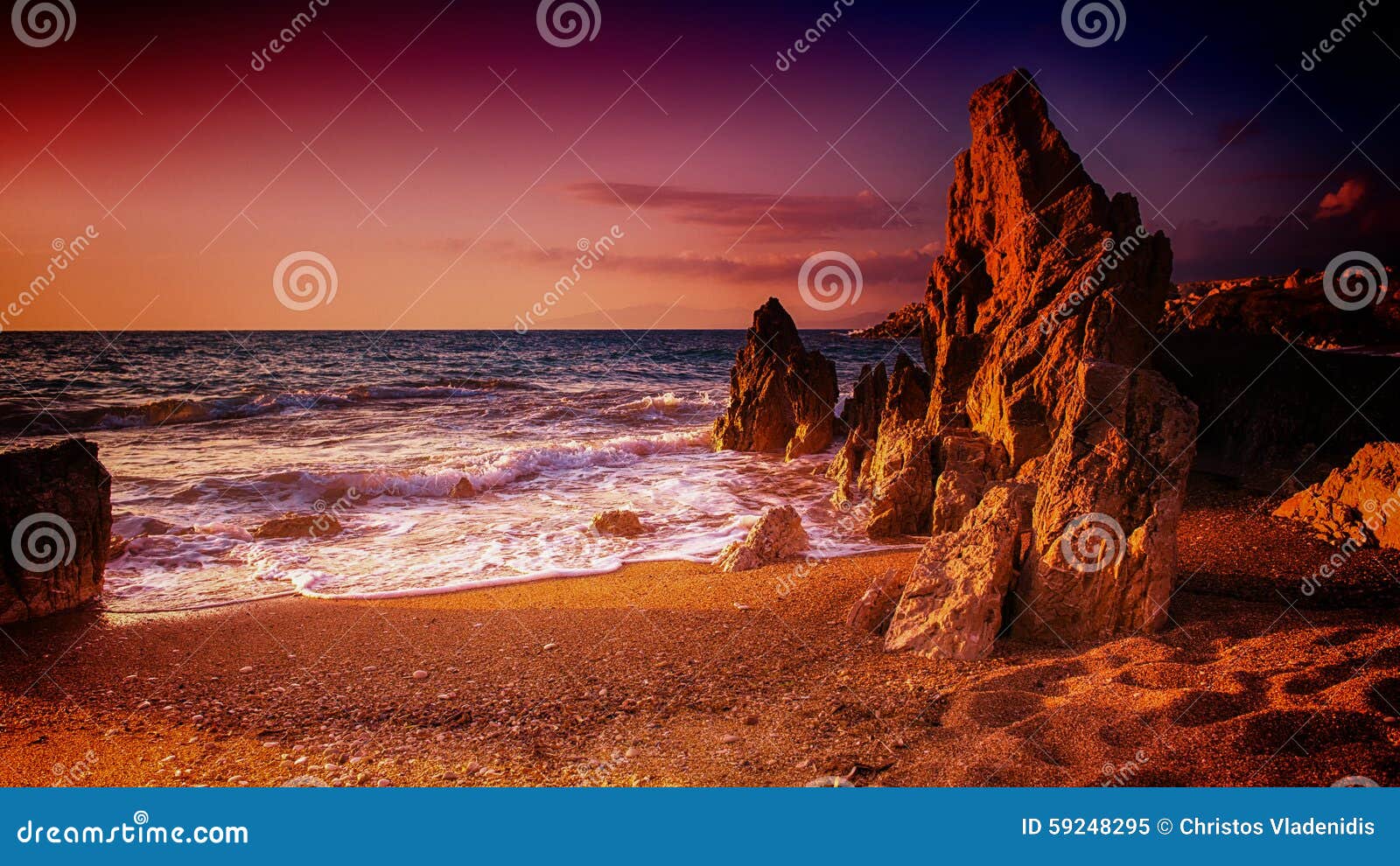 Rocky beach at sunset stock image. Image of beach, sandy - 59248295