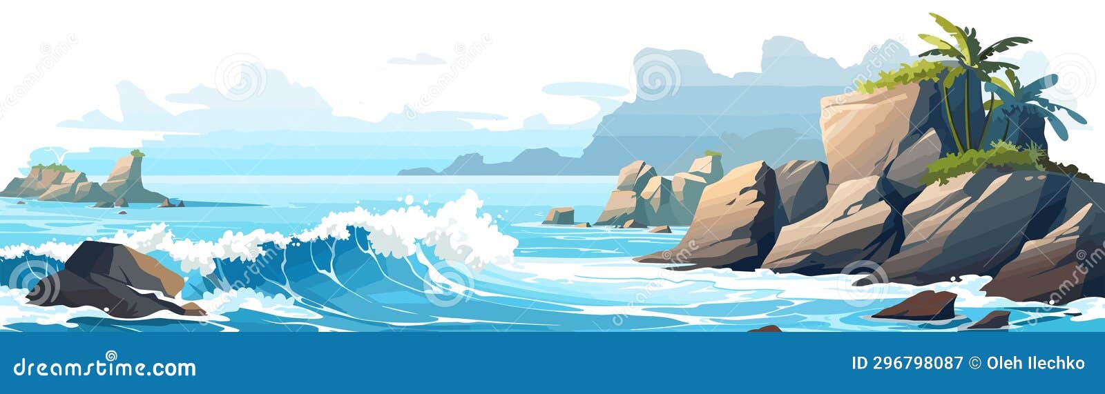 Rocky Coastline with Crashing Waves Vector Simple Isolated Illustration ...