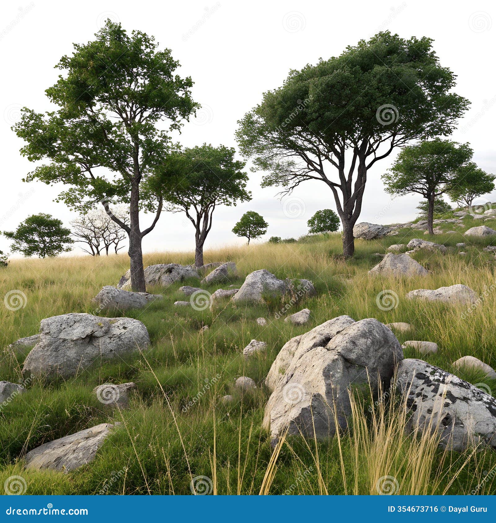 "Rocky Grassland Scene with Trees Isolated on Transparent Background ...