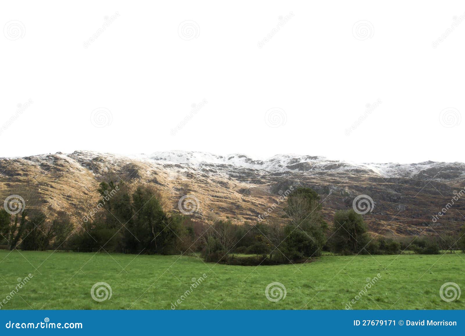 Rocky Mountain and Green Fields Snow Scene Stock Image - Image of ...