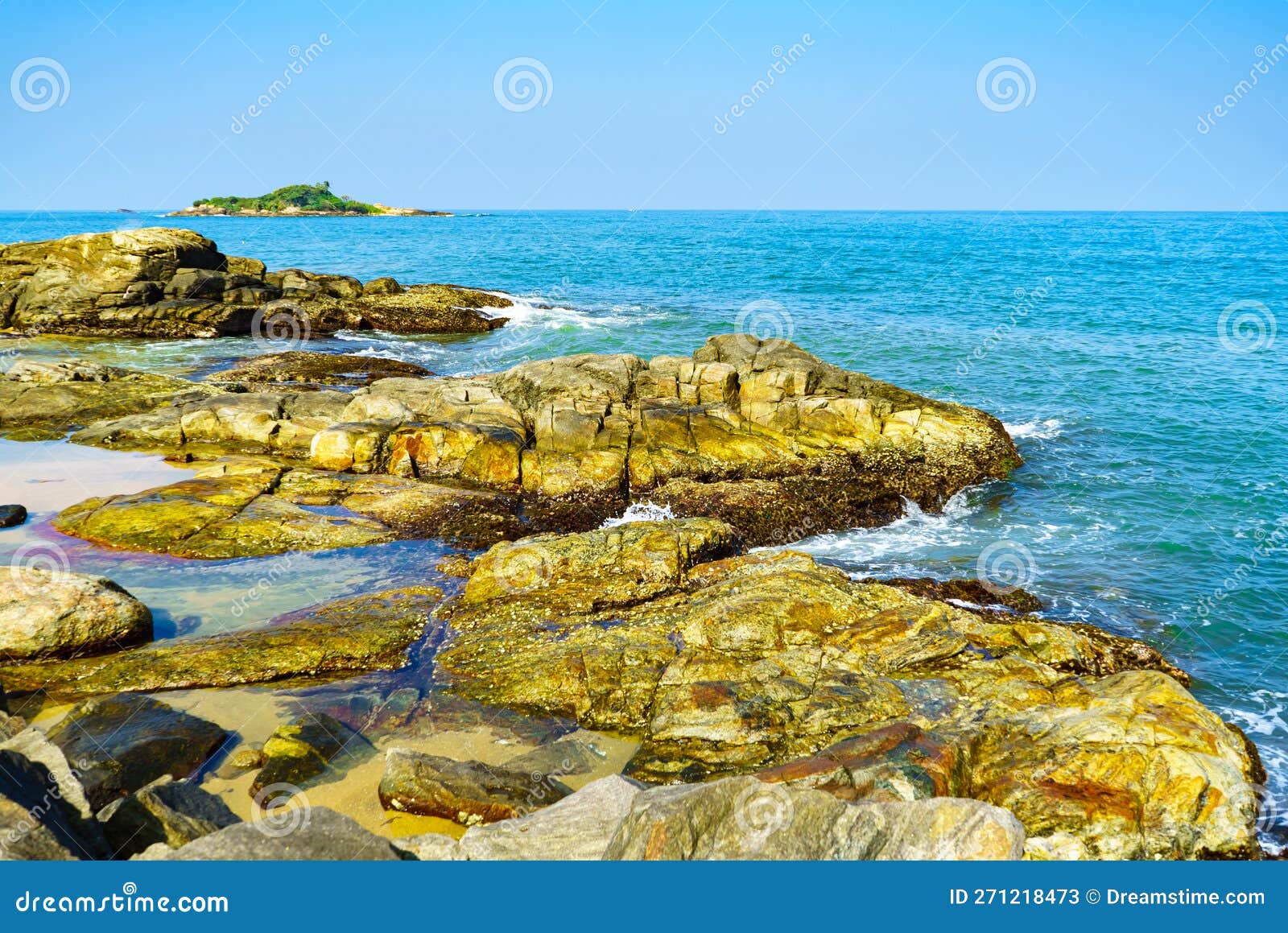 Rocky Ocean Shore and Blue Sky at Sunrise Stock Image - Image of beach ...