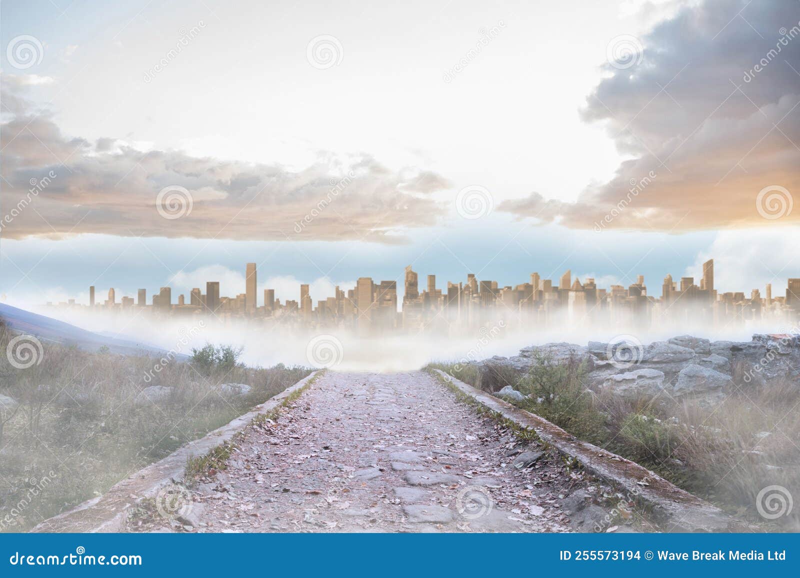 Rocky Path Leading To Large Urban Sprawl Stock Illustration ...