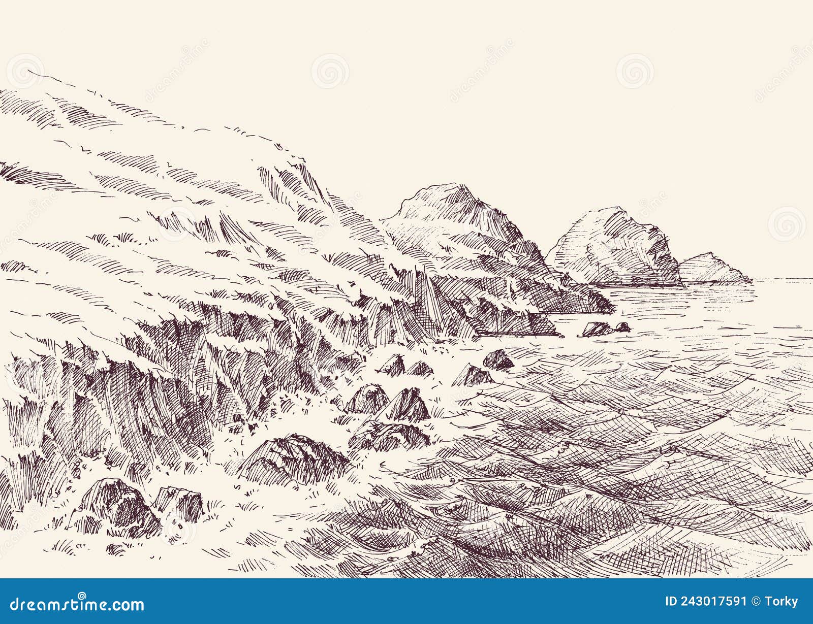 Rocky shore of the sea stock vector. Illustration of doodles - 243017591