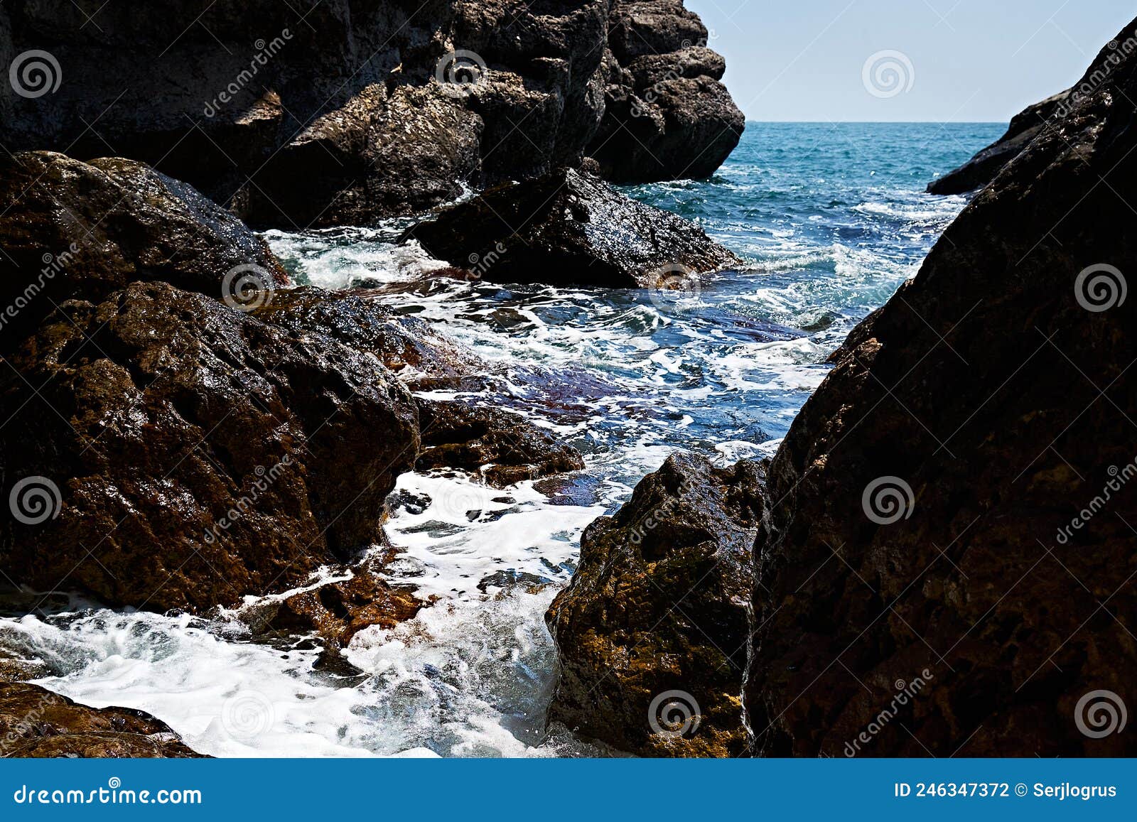 Rocky shore. Tidal bore stock photo. Image of marine - 246347372
