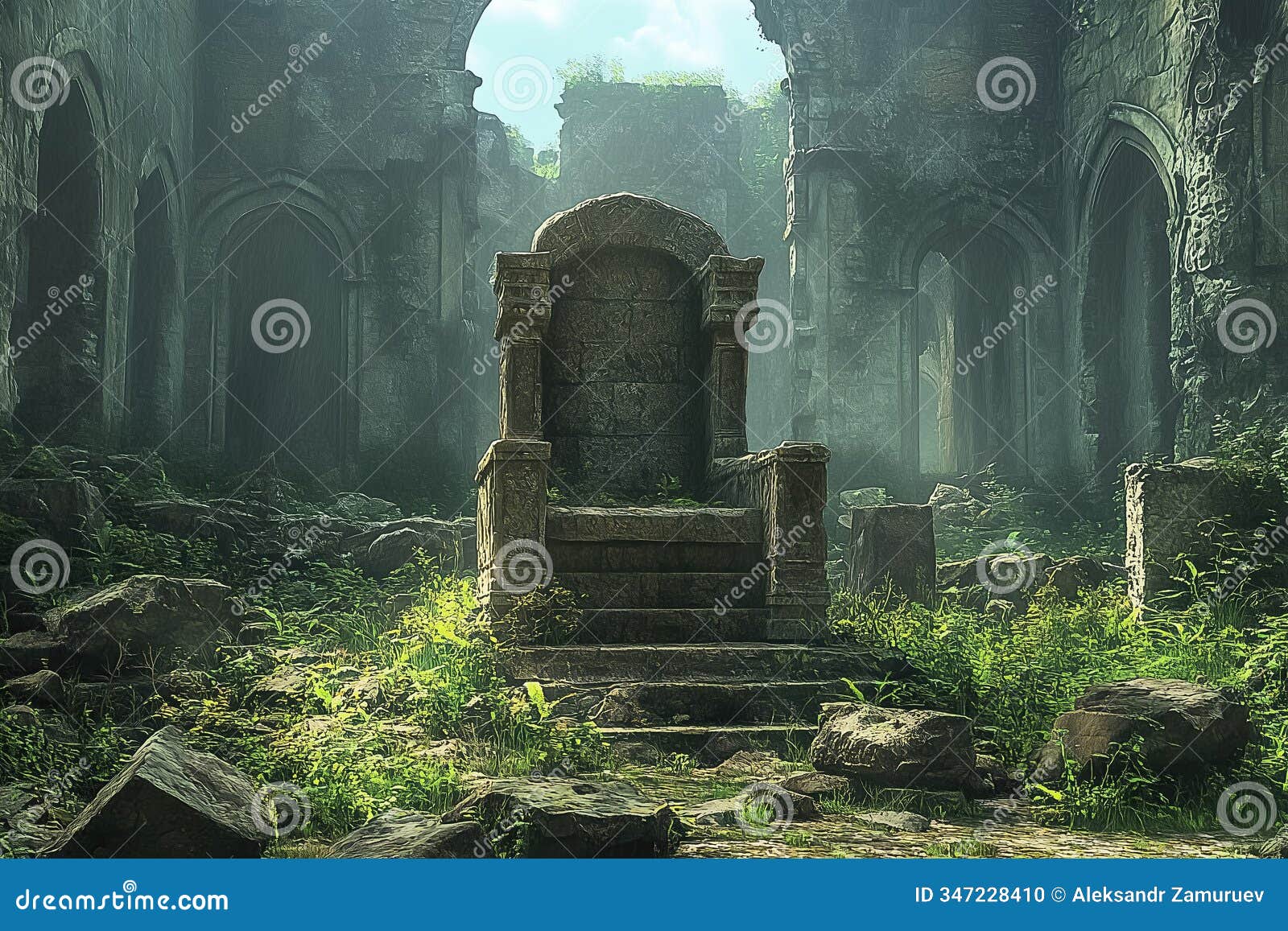 A Rocky Throne Sits Amid Ancient Ruins, Surrounded by Lush Greenery and ...
