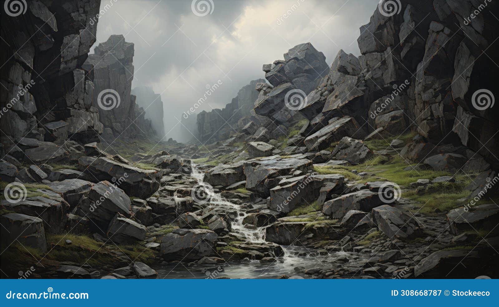 Rocky Valley: a Brooding Landscape with Sharp Boulders and Overcast Sky ...