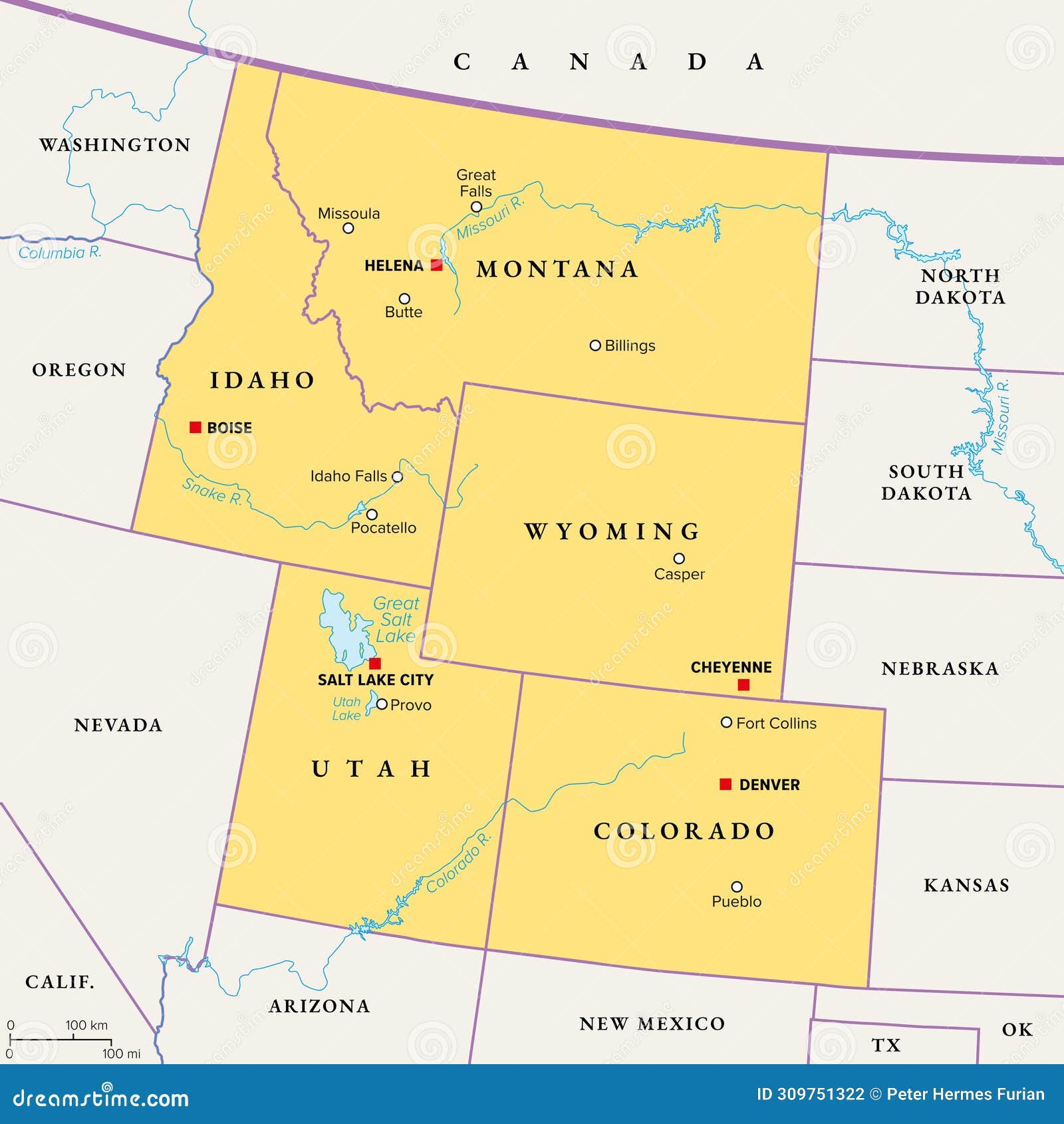 Rocky Mountain Region of the United States, Political Map Stock Vector ...
