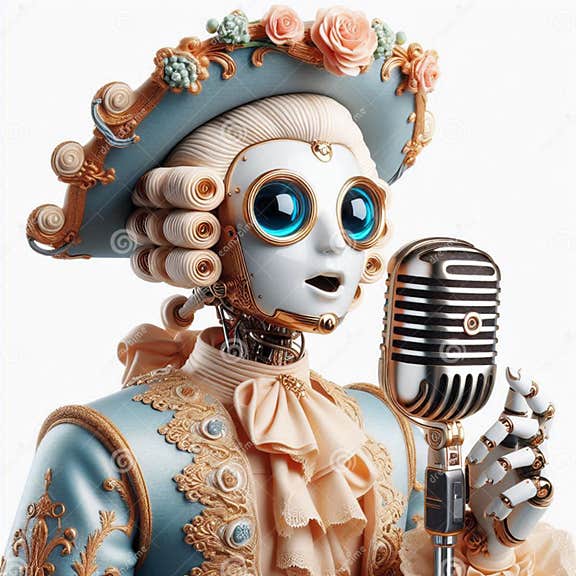 Rococo Robot Singing into Microphone on White Background Stock Image ...