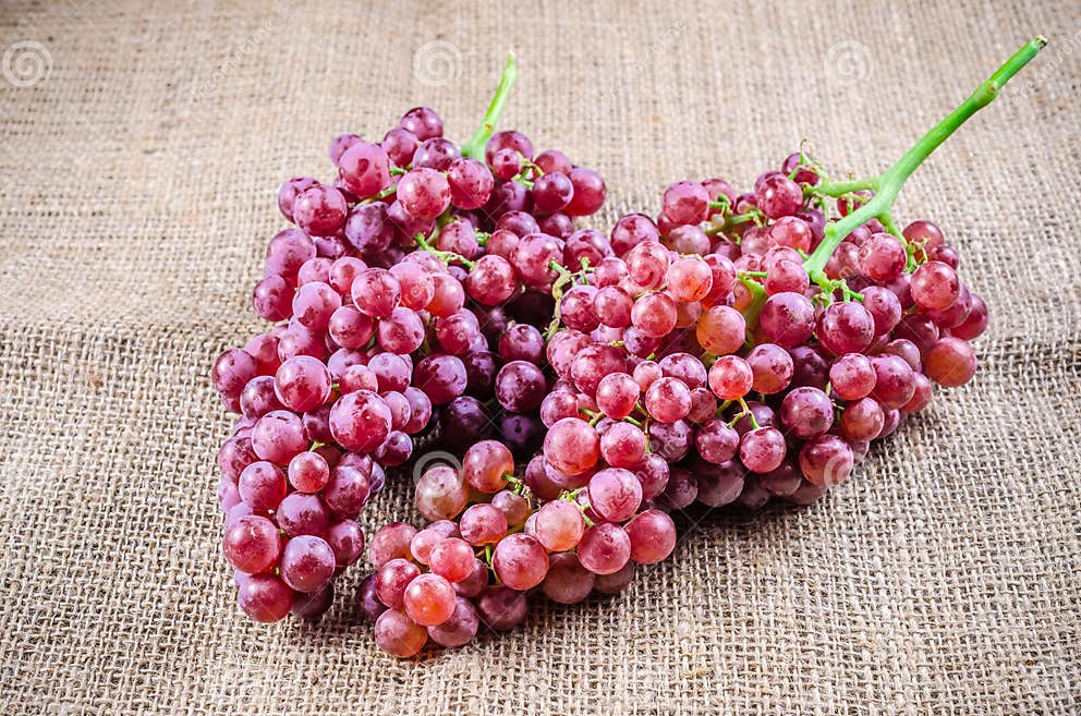 Rode druif op jute stock afbeelding. Image of druif, rood - 63386047