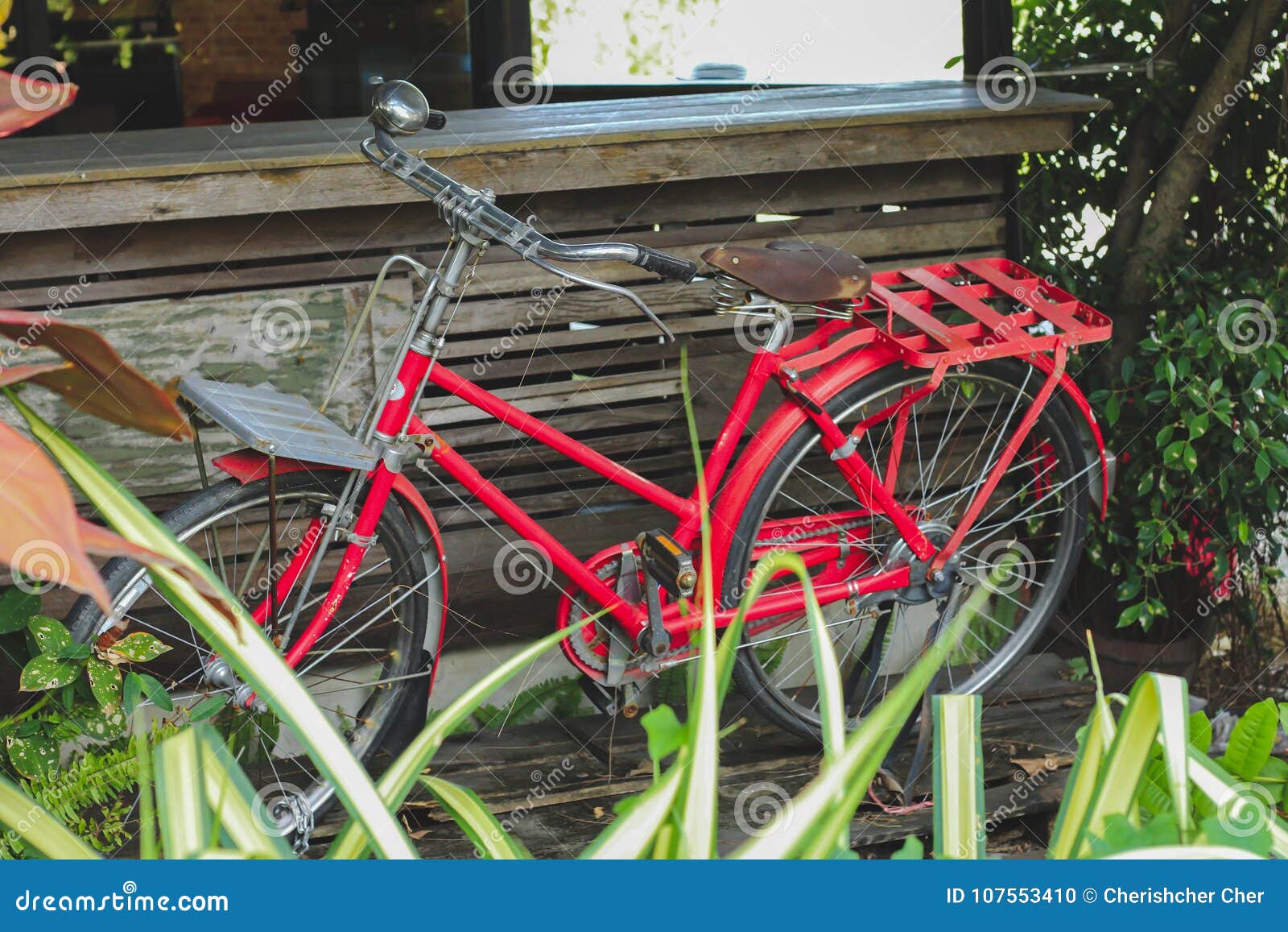 Rode fiets oud in de tuin stock foto. Image of hipster - 107553410
