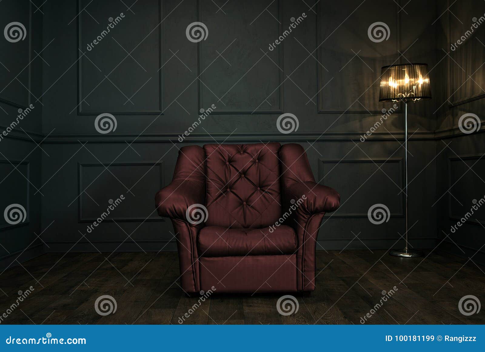 Rode Stoel in Elegante Donkere Ruimte Stock Afbeelding - Image of vloer ...