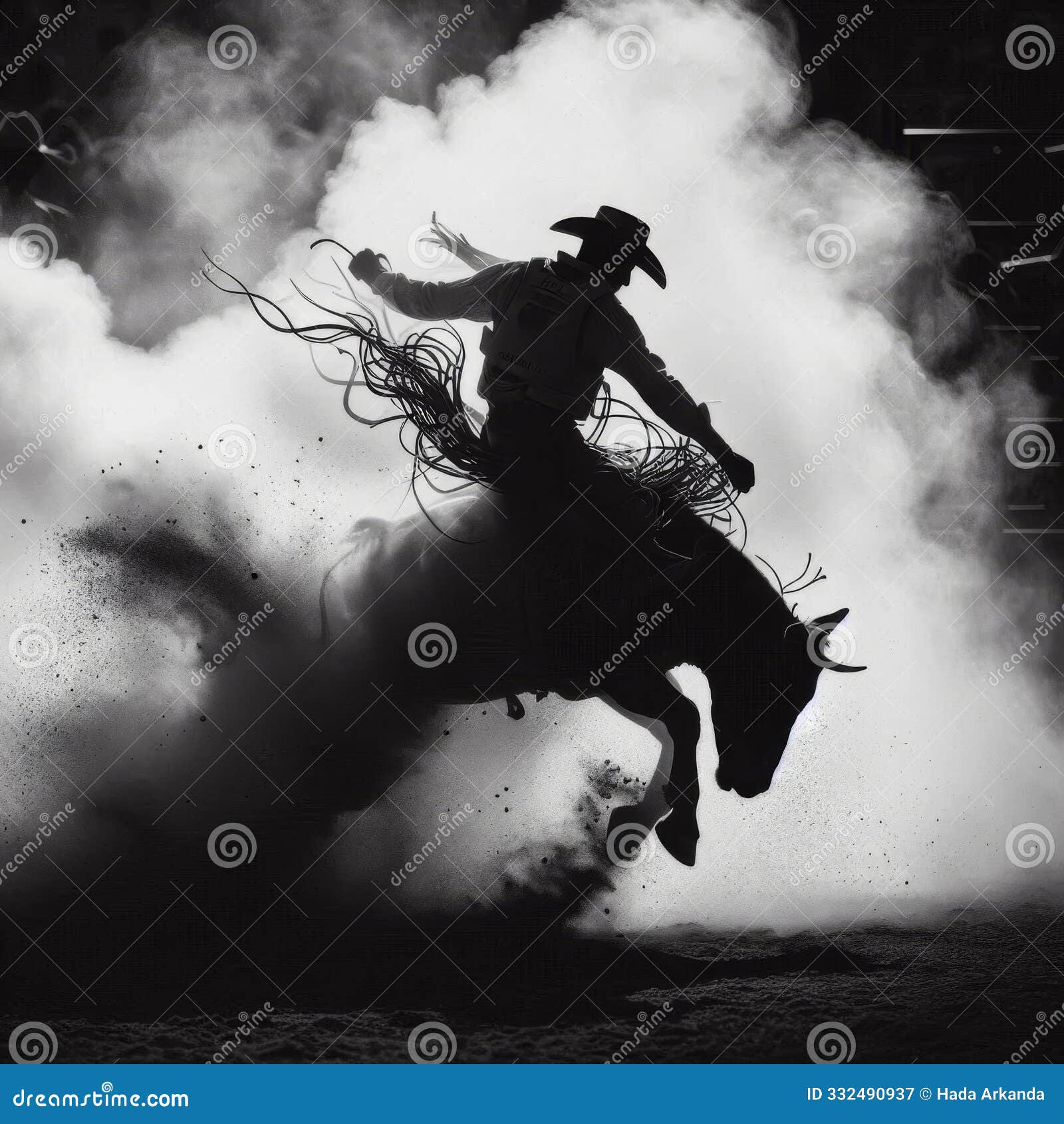 Rodeo Cowboy Silhouette in Action, Surrounded by a Big Dust Cloud Stock ...