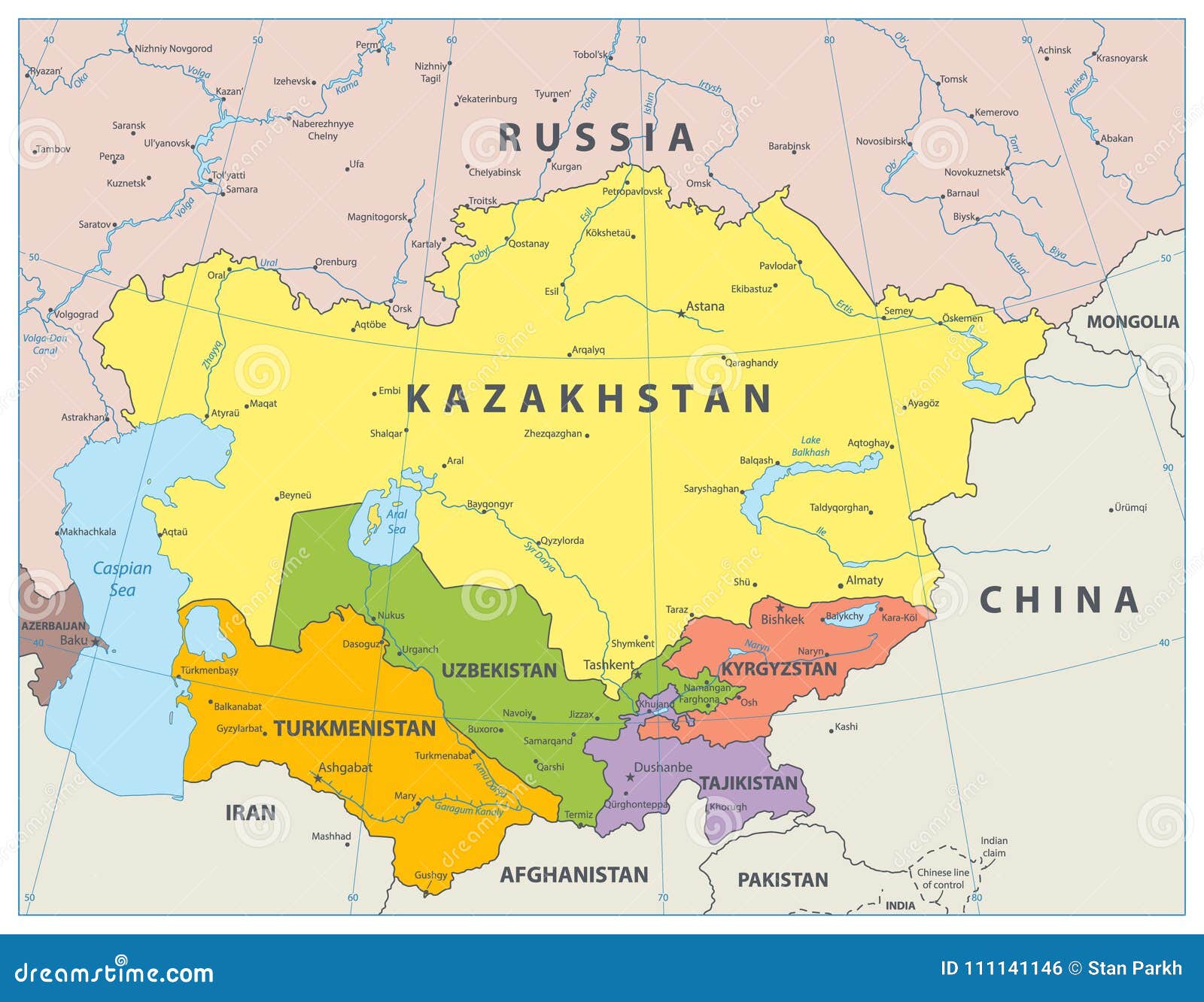 Środkowa Azja Polityczna Mapa Ilustracja Wektor - Ilustracja złożonej z ...