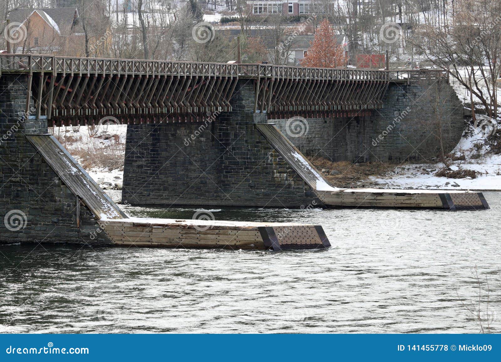 Roebling Bridge and Icebreakers Stock Photo - Image of restored, wooden ...