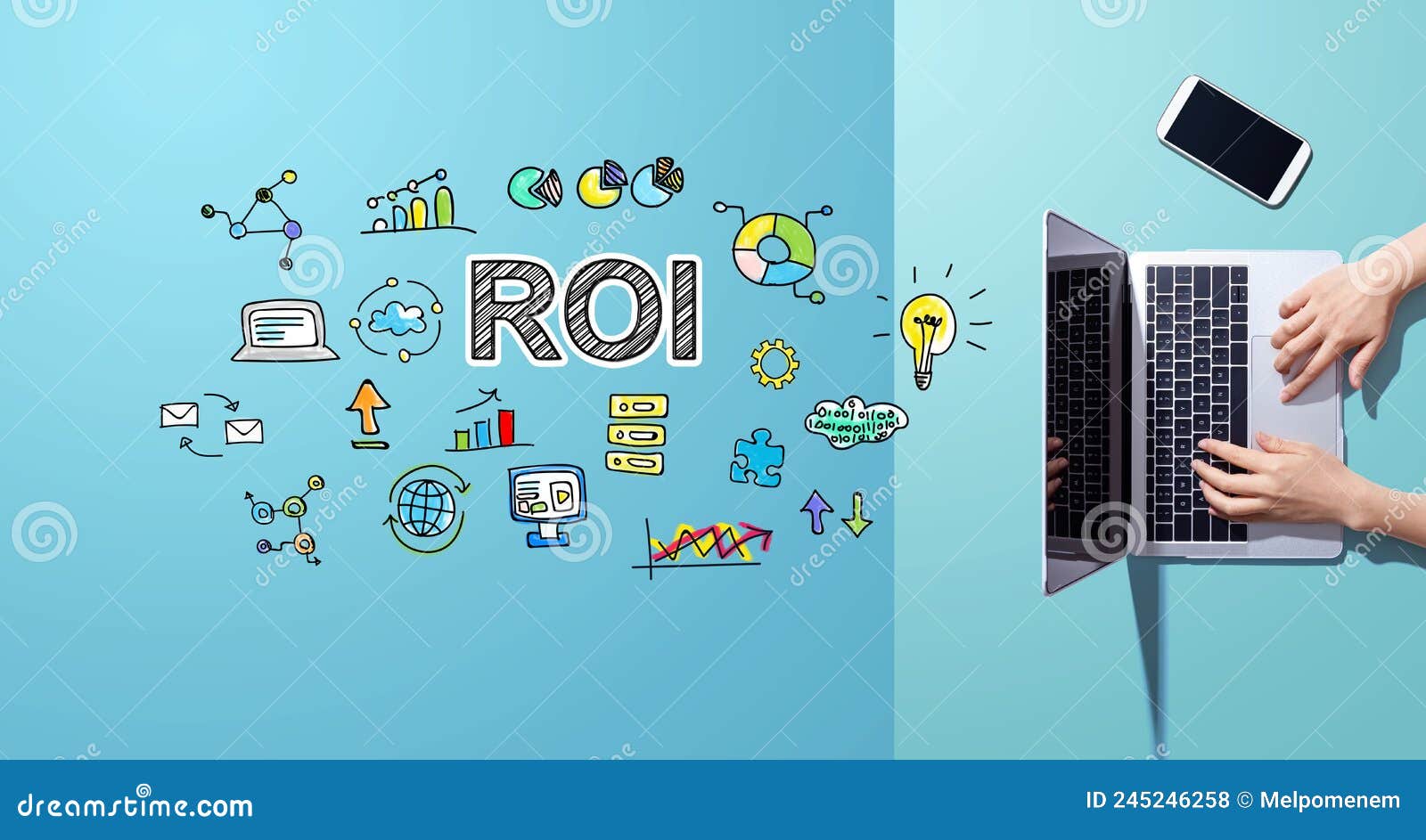 ROI with Person Working with Laptop Stock Photo - Image of word, growth ...