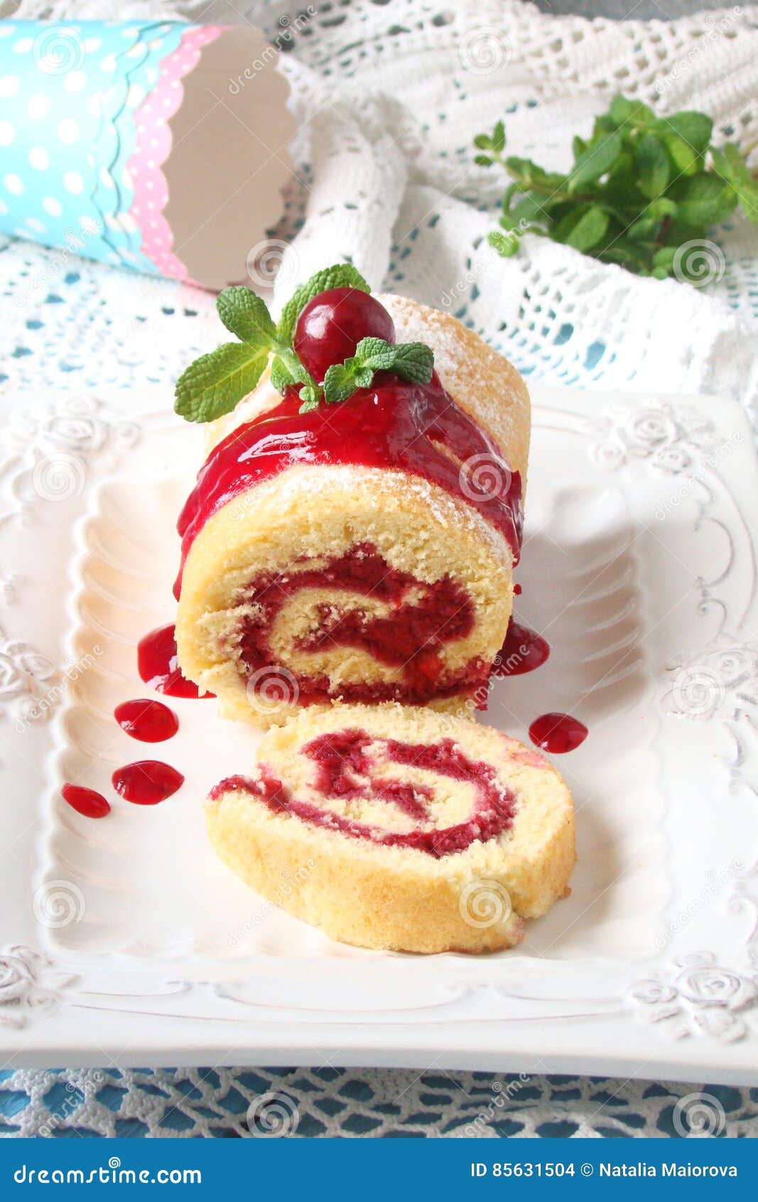 Roll Biscuit with Berry Fruit Jam and Cherries Stock Photo - Image of ...