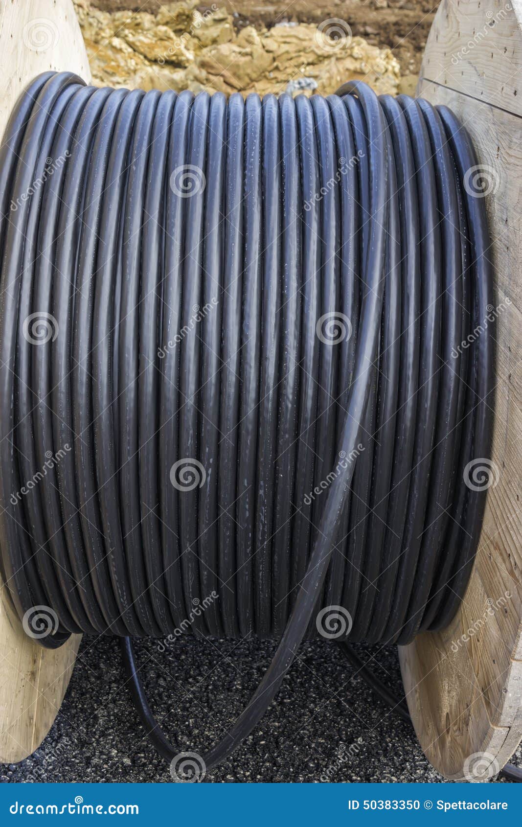 Roll of Black Industrial Cable on Large Wooden Reel Stock Photo - Image ...