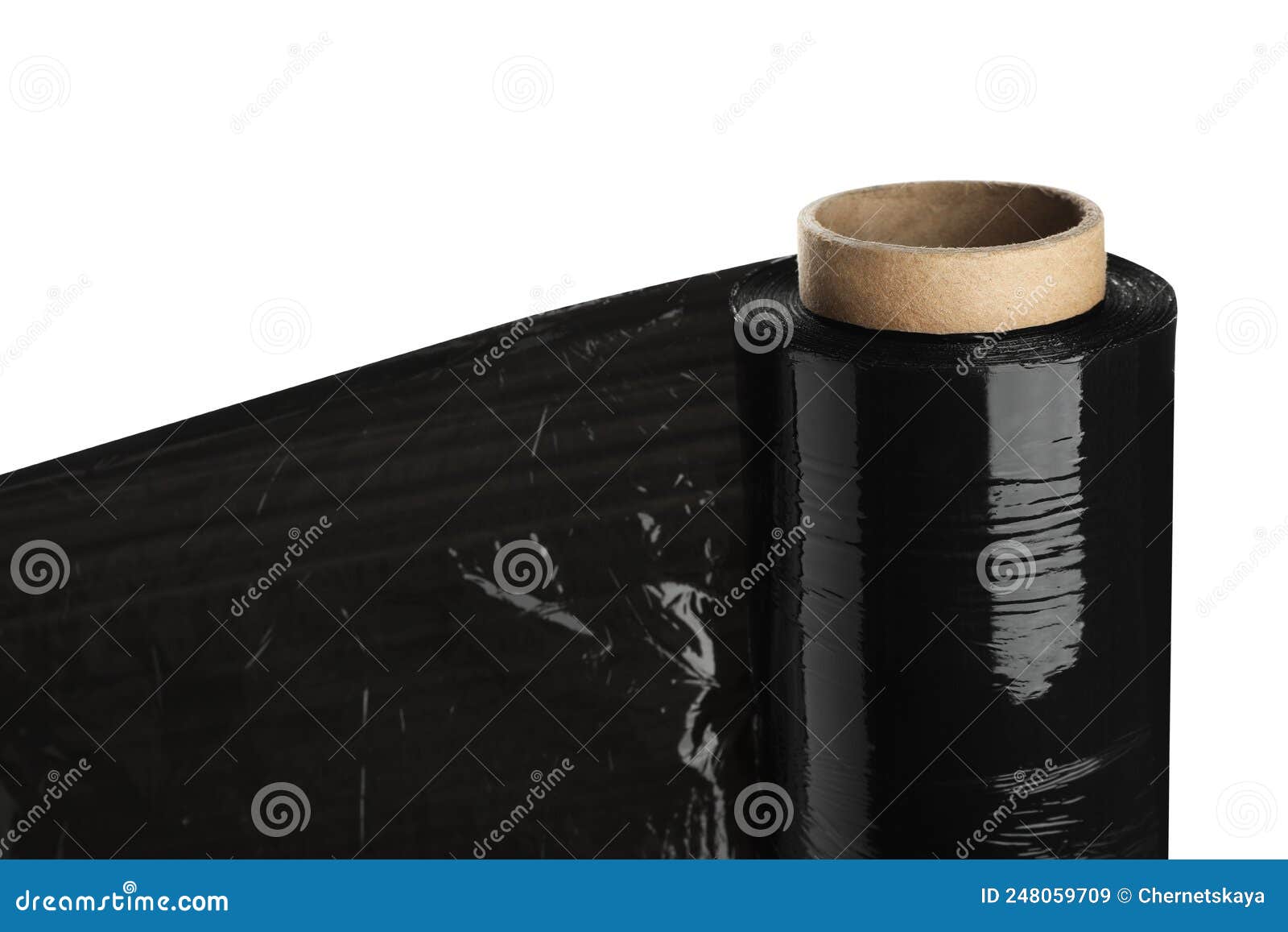 Roll of Black Plastic Stretch Wrap Film Isolated on White, Closeup ...