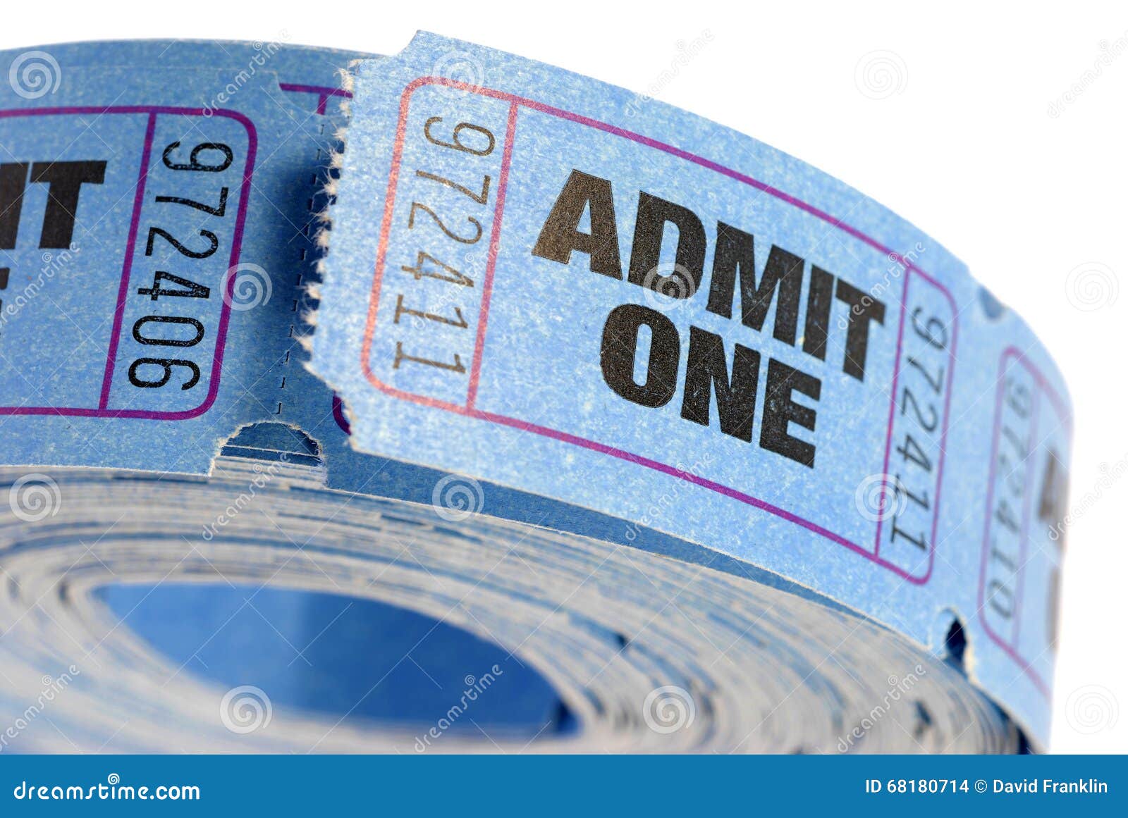 Roll of Blue Admit One Tickets Isolated on White Background, Close Up ...