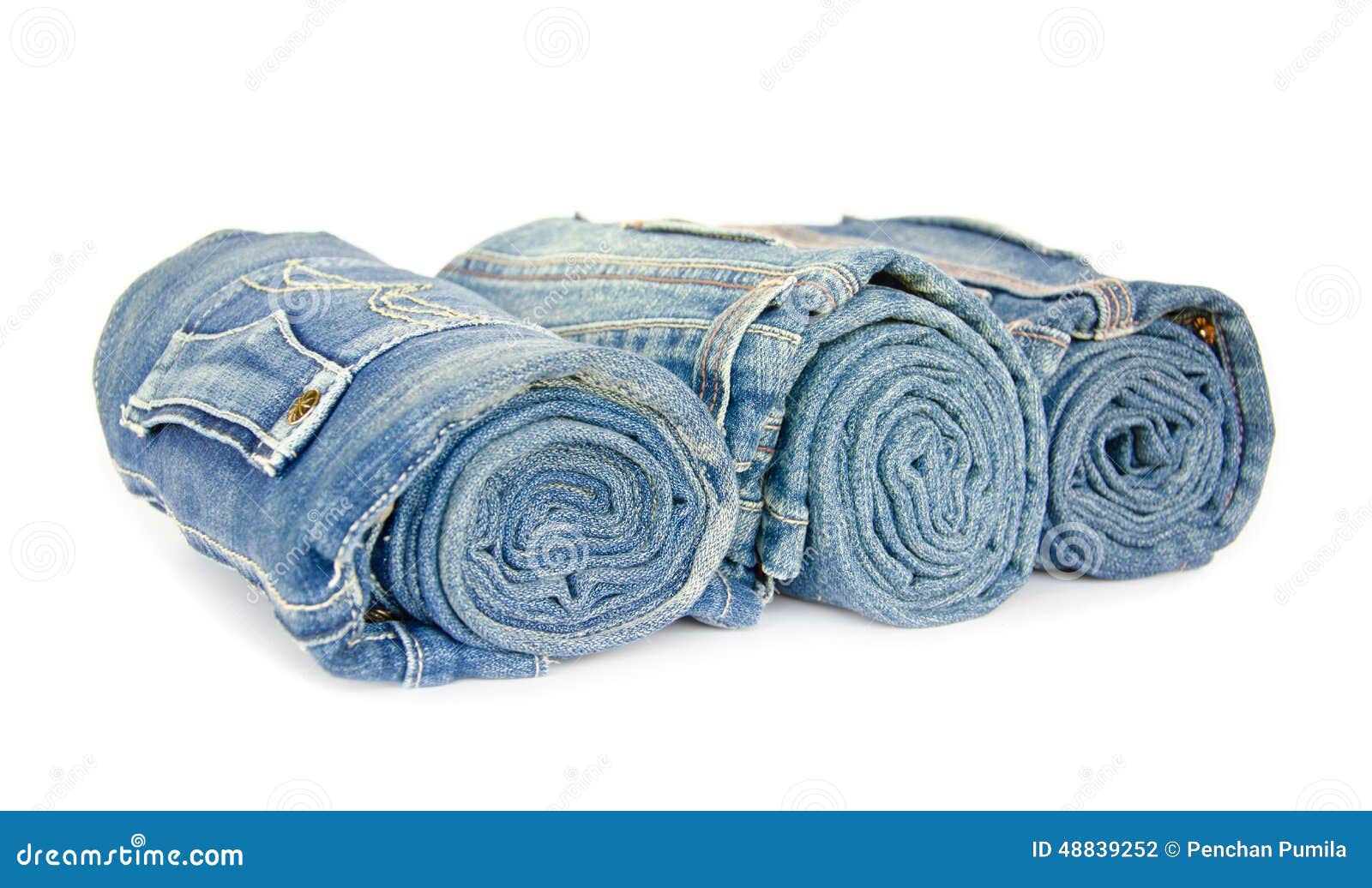 Roll Blue Denim Jeans Arranged on White Background Stock Photo - Image ...