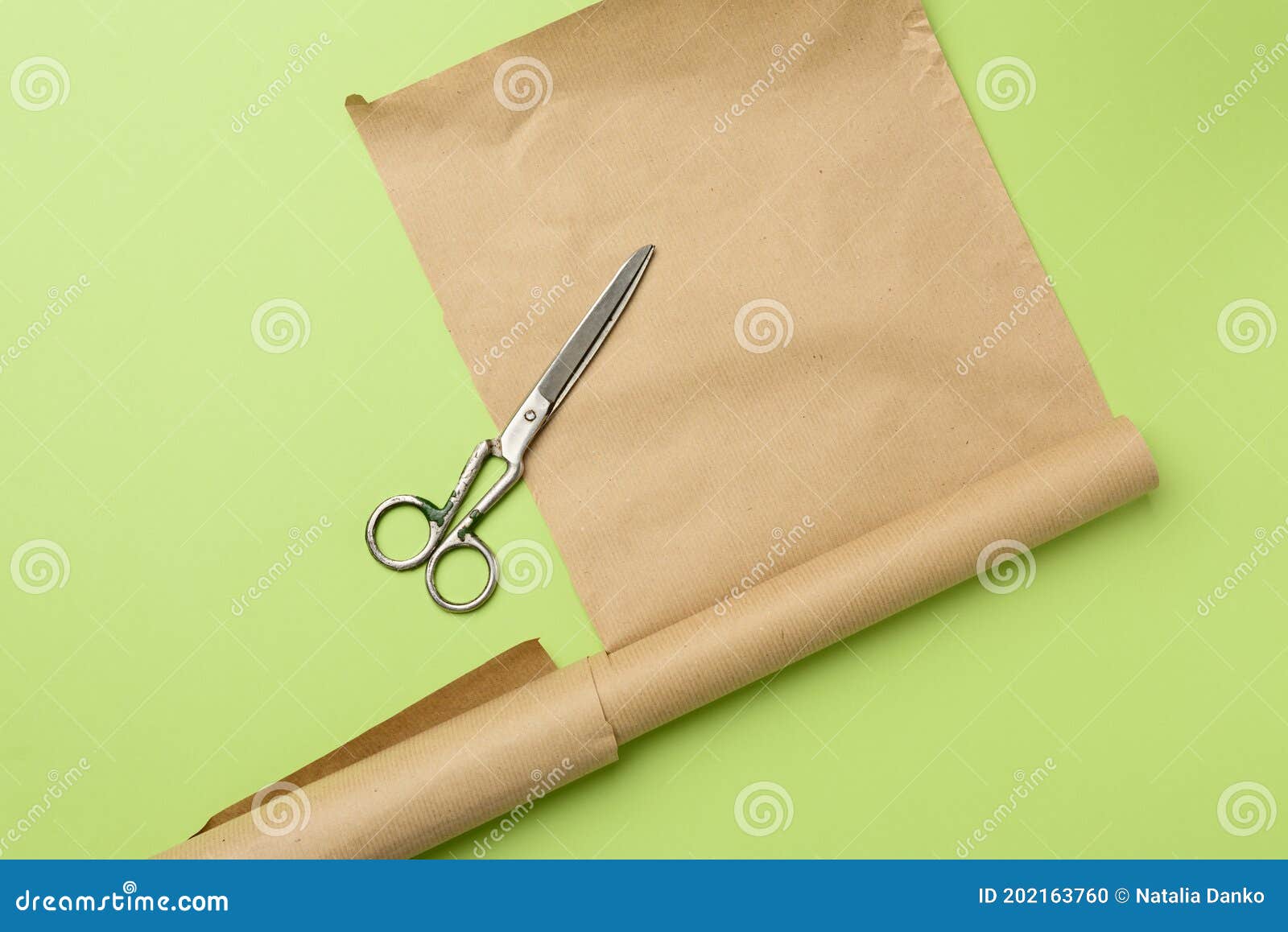 Roll of Brown Paper and Iron Scissors on a Green Background Stock Photo ...