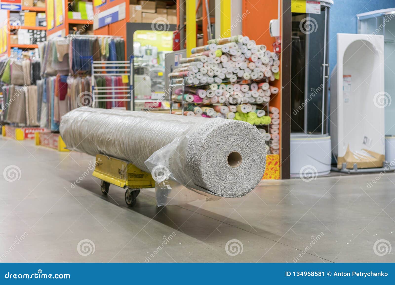 Roll of Carpet in the Store. Carpet on the Cart in the Hardware Store Stock Image - Image of ...