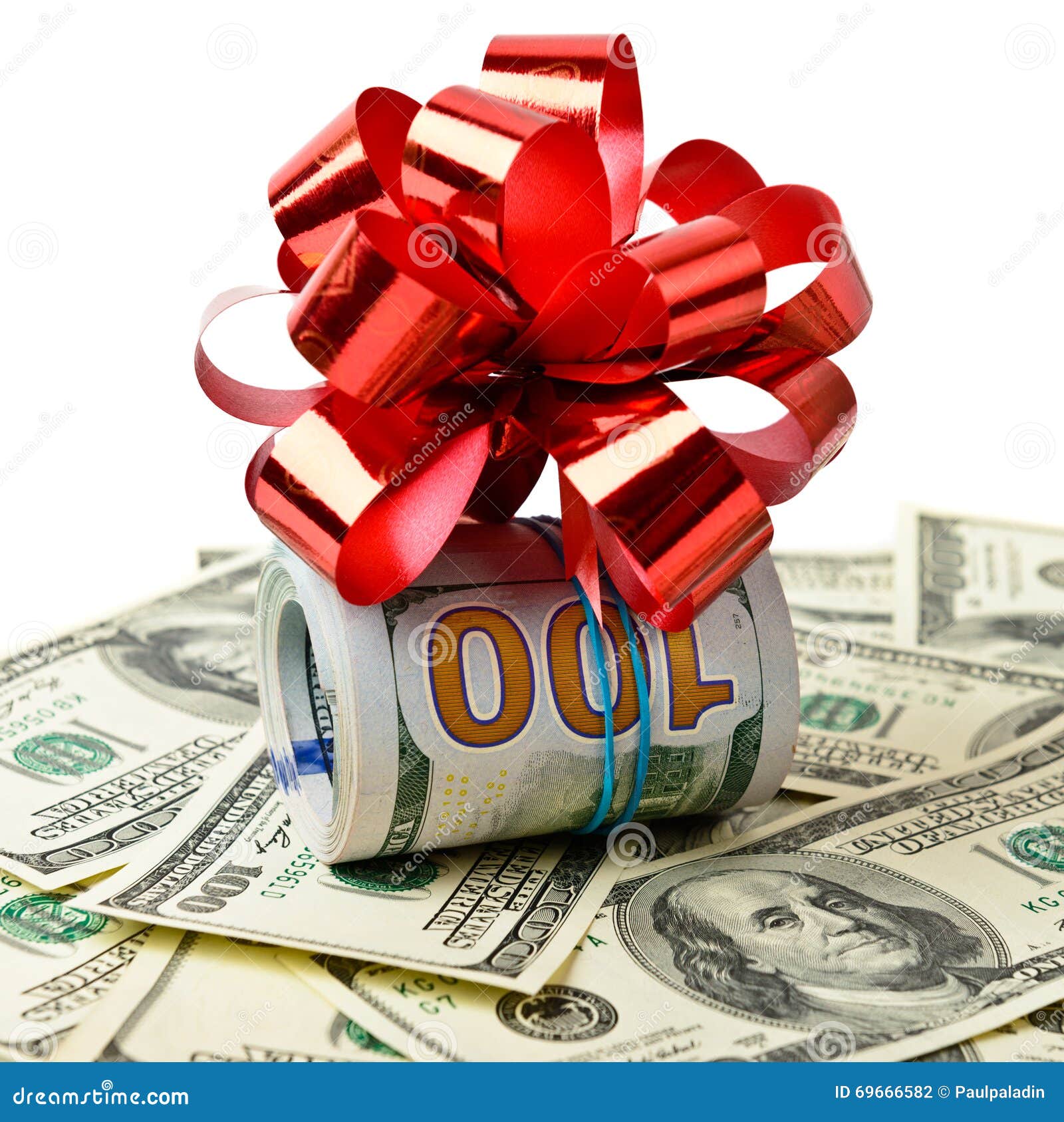 Roll of cash with red bow stock photo. Image of copy - 69666582