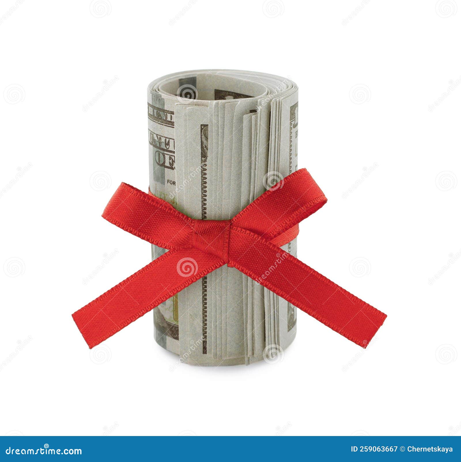 Roll of Dollar Banknotes with Red Ribbon on White Background Stock ...