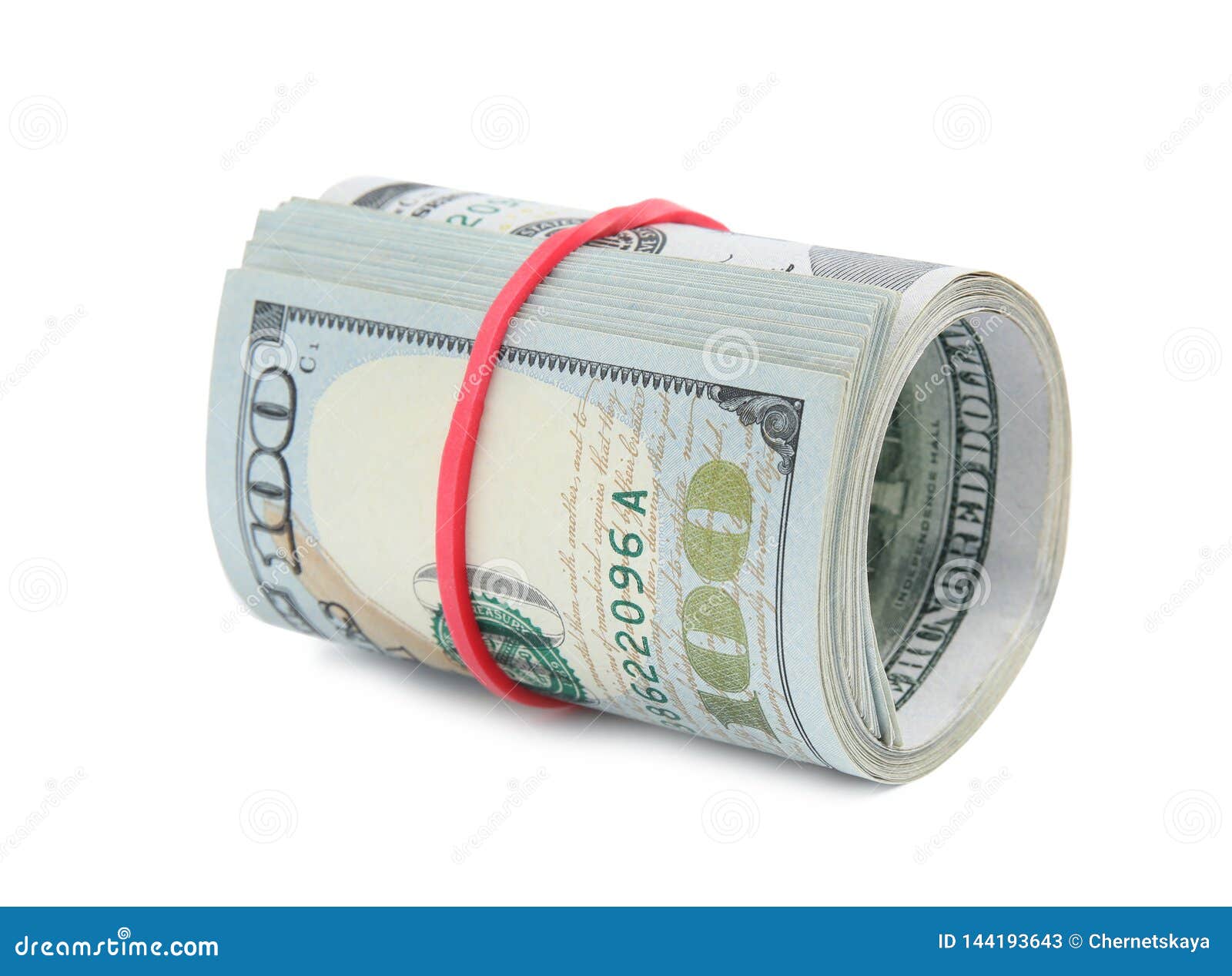 Roll of Dollar Bills with Rubber Band on White Stock Image - Image of ...