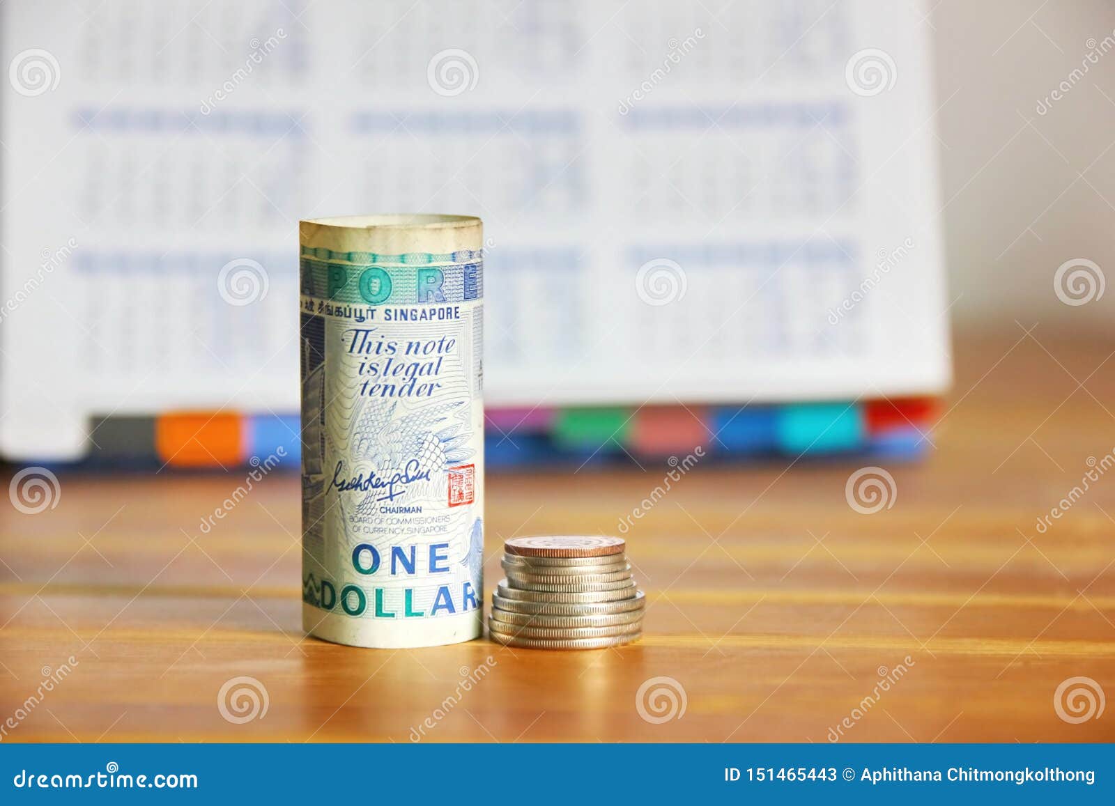 Roll Dollar Singapore with Coins on Table Stock Image - Image of ...