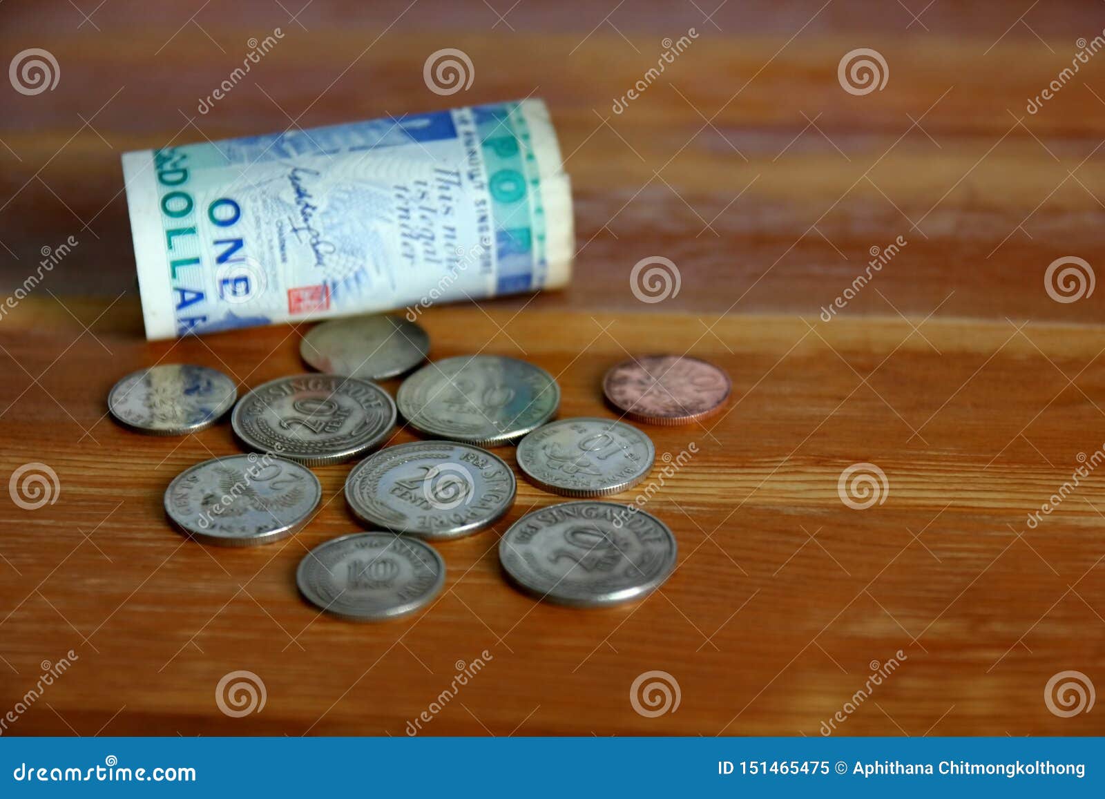 Roll Dollar Singapore with Coins on Table Stock Image - Image of ...