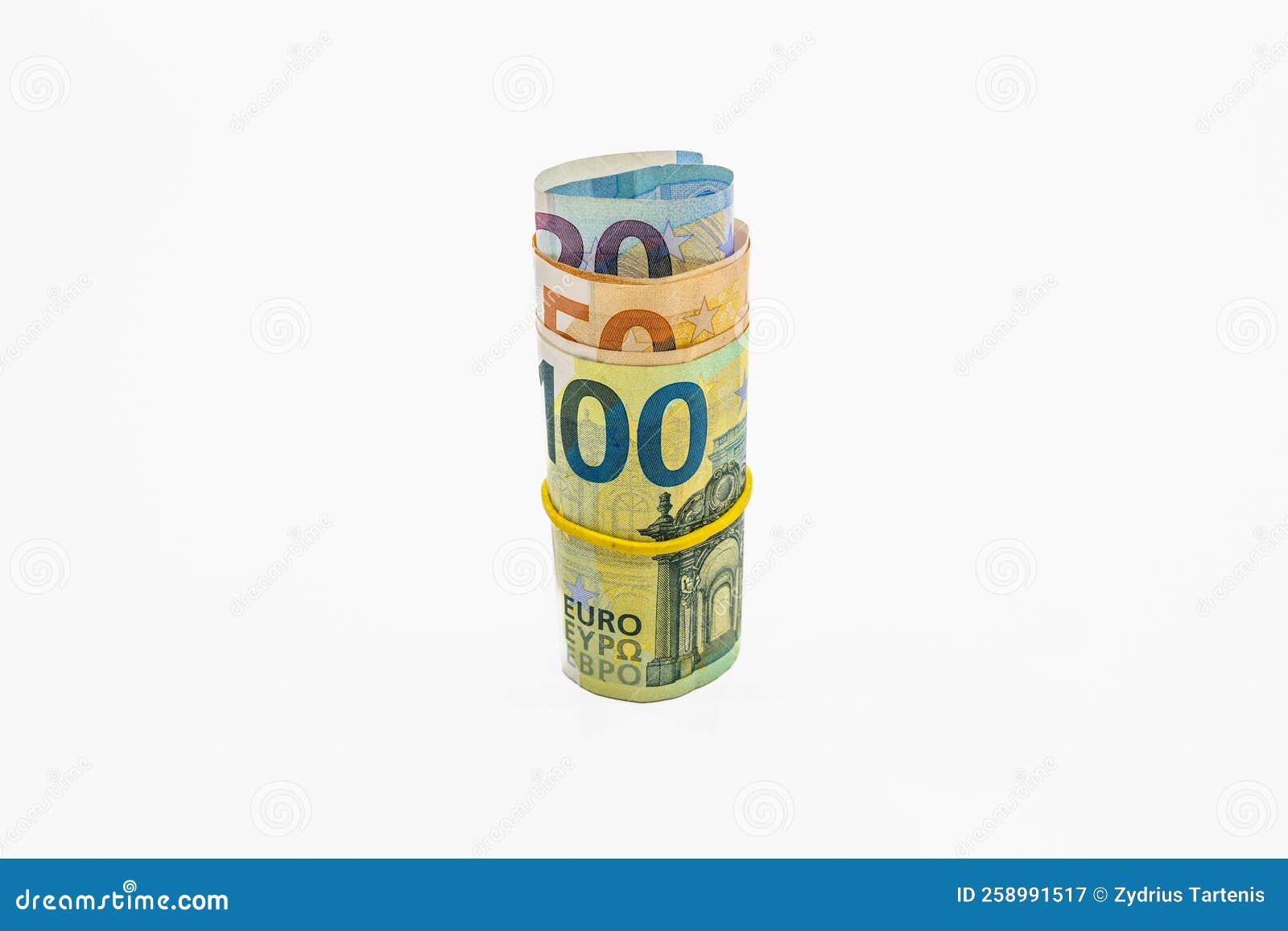 Roll of Euro Notes in the Elastic Band. EU Banknotes in a Money Roll ...